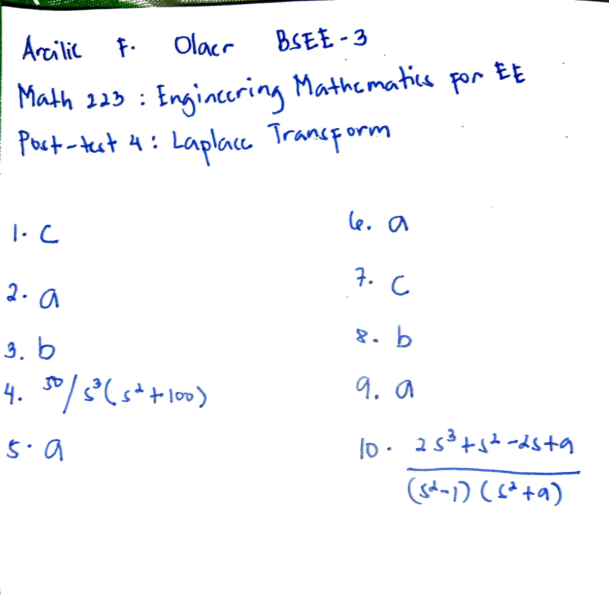 Post test 4-answers - Post assessment - Arcilic F. Olacr Math 223 ...