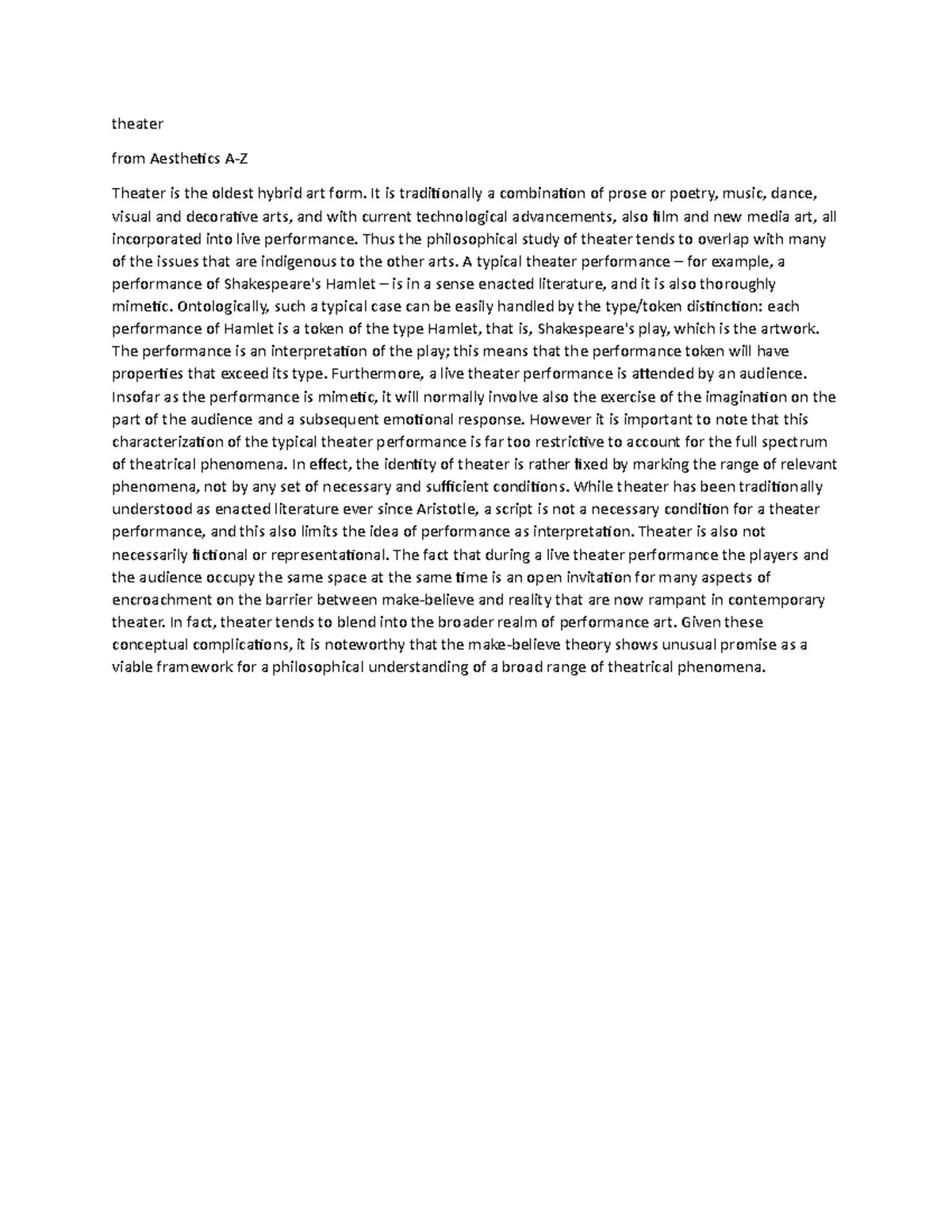 Week 4 theatre notes - theater from Aesthetics A-Z Theater is the ...