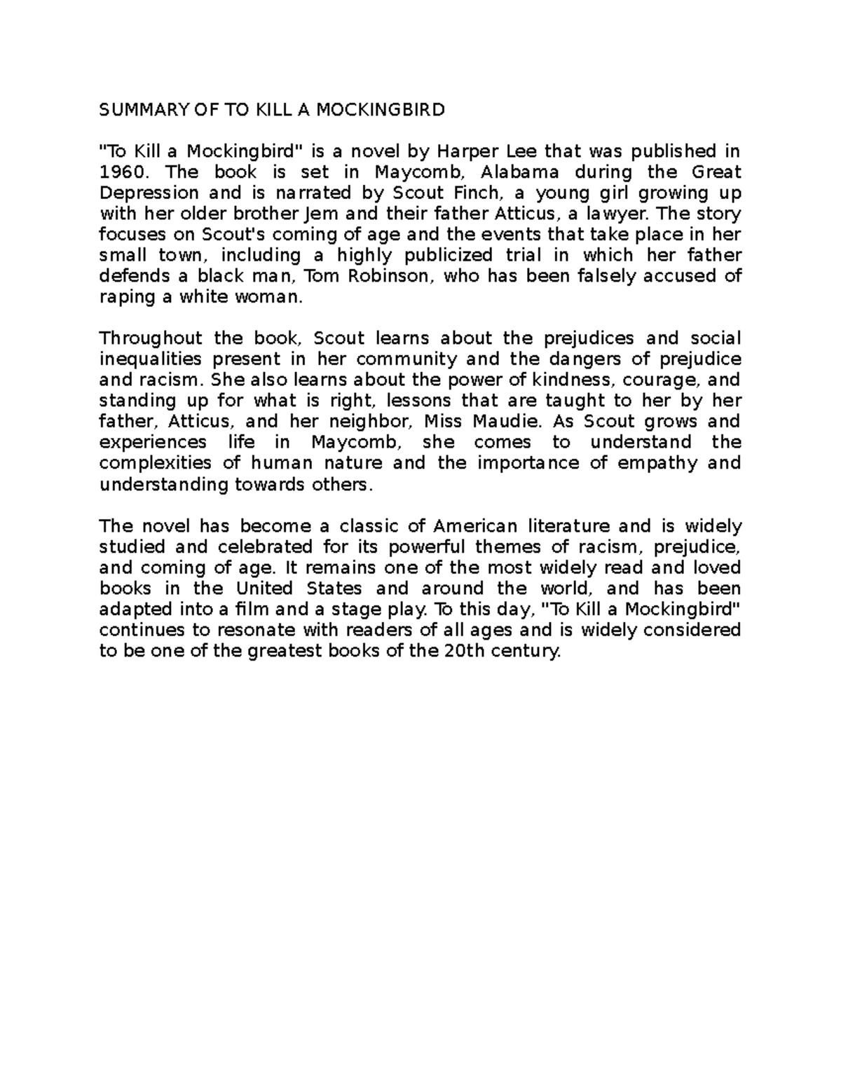 Summary OF TO KILL A Mockingbird - SUMMARY OF TO KILL A MOCKINGBIRD "To ...