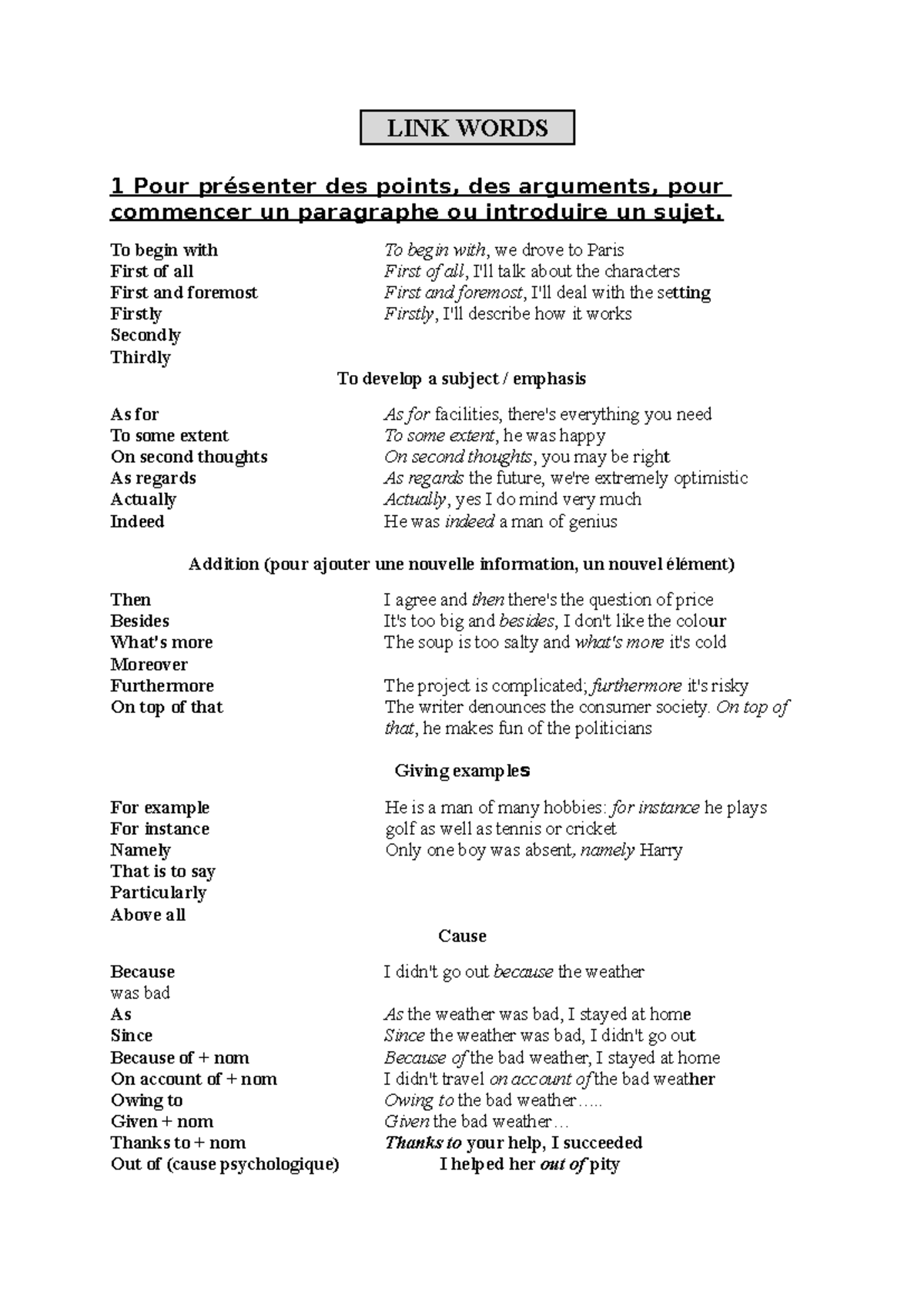 LINK Words - Notes de cours sur les mots de liaisons en anglais - LINK ...