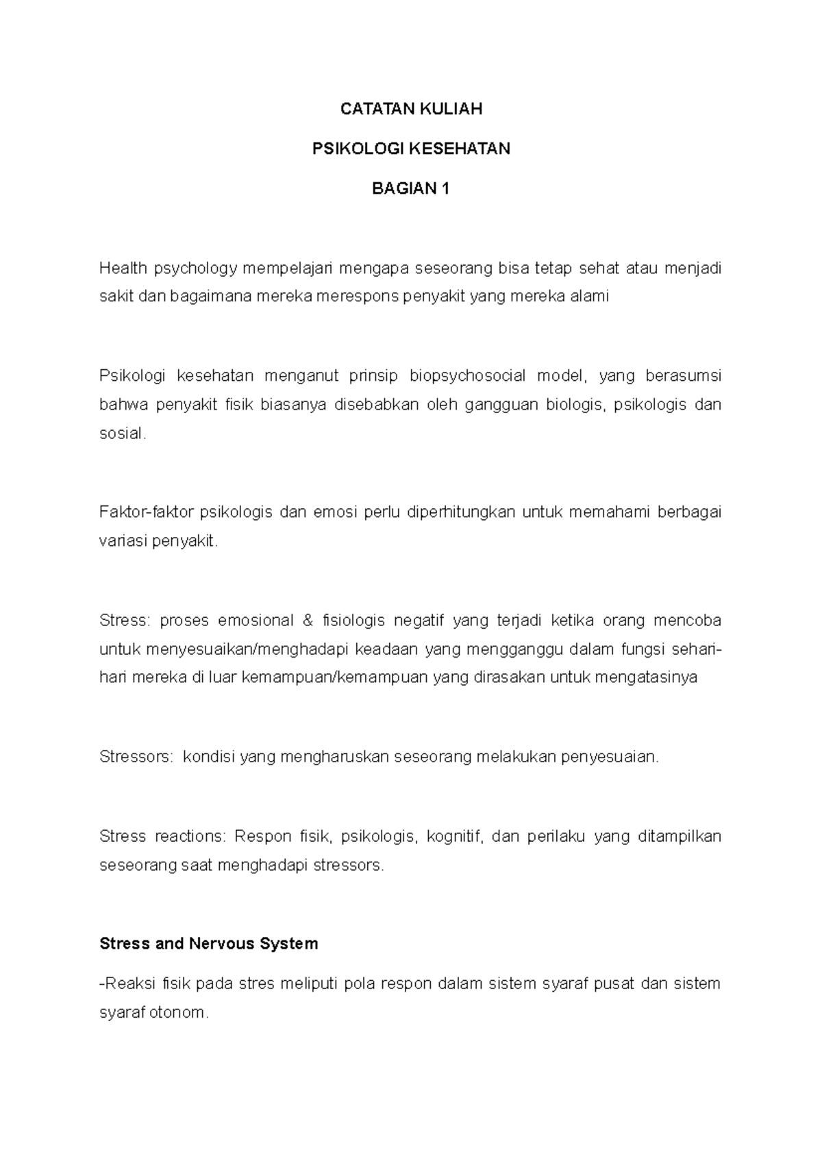 Catatan Kuliah Psikologi Kesehatan Bagian 1 Catatan Kuliah Psikologi
