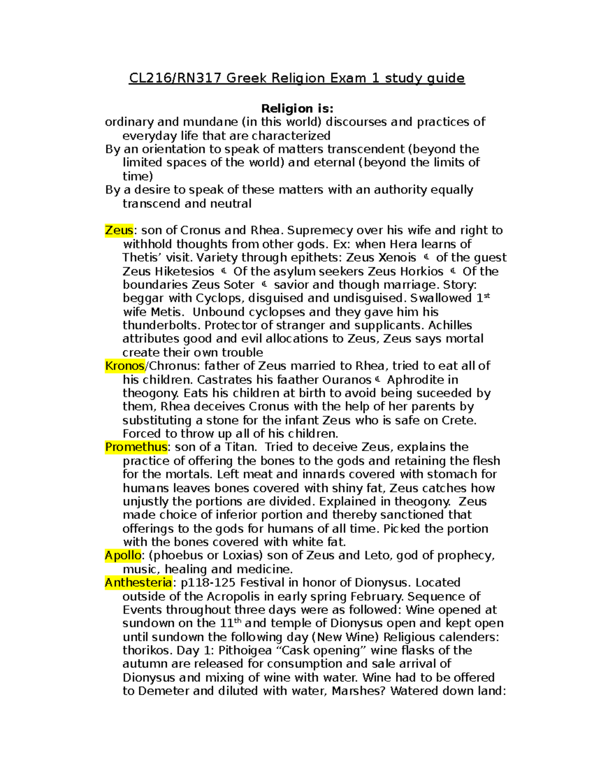 CL216 or RN317 Exam 1 Study Guide - CL216/RN317 Greek Religion Exam 1 ...