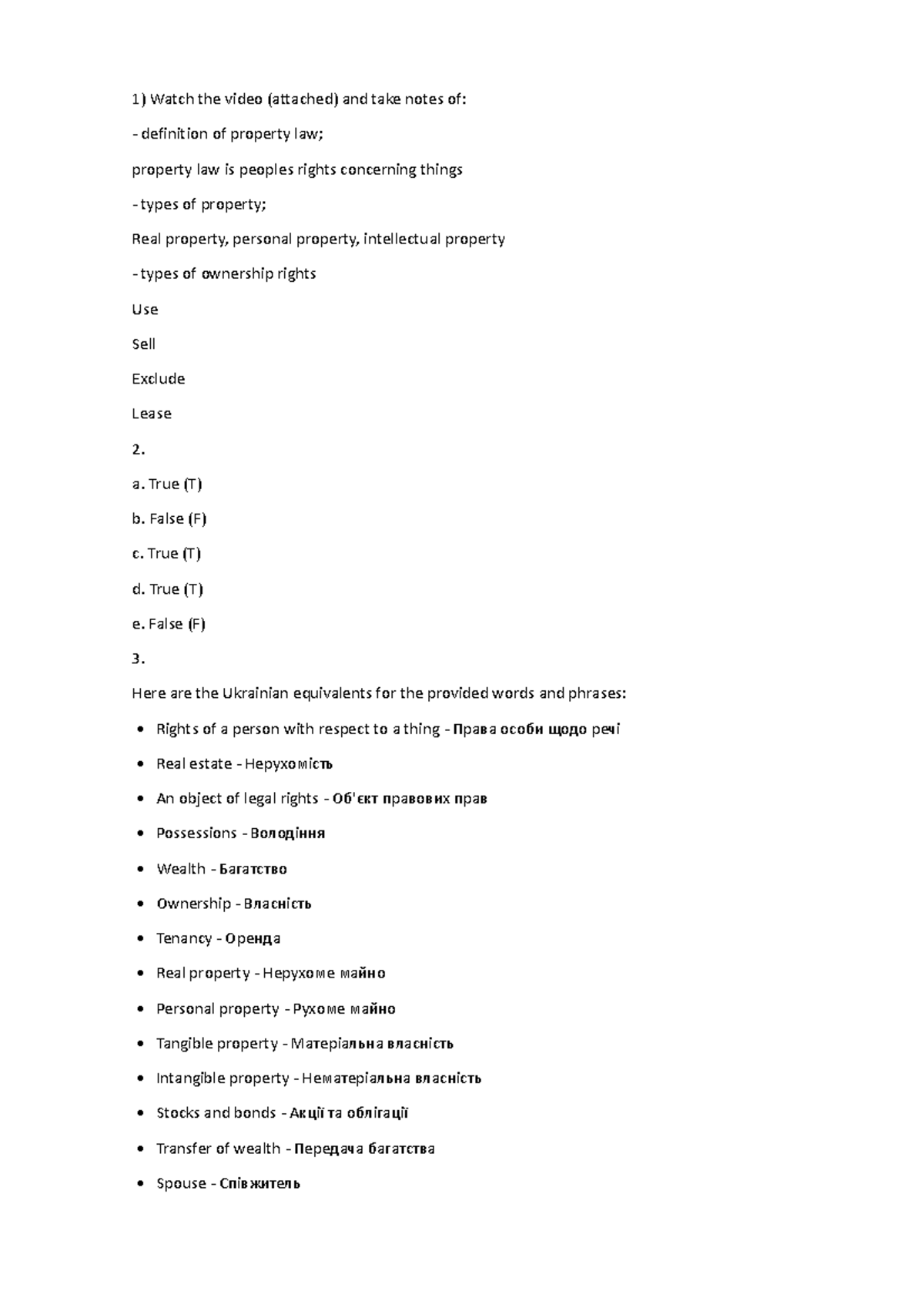 English - lesson 1. prorerty - Watch the video (attached) and take ...