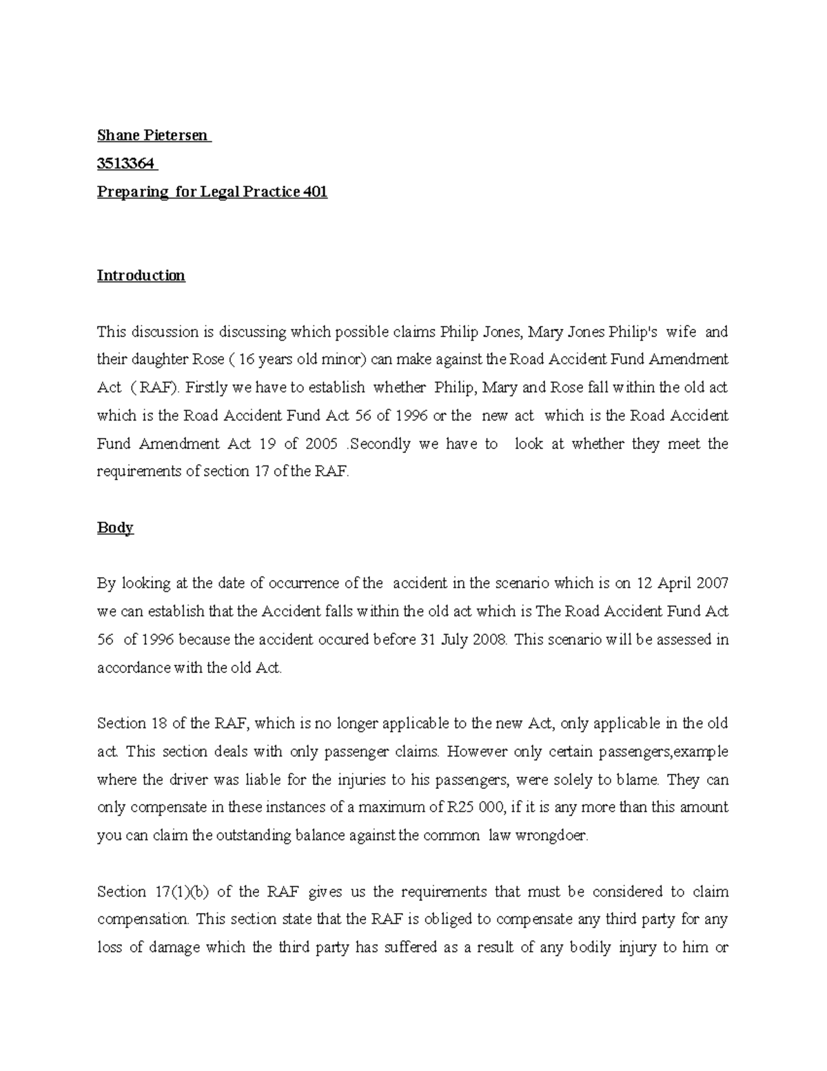 Preparing for Legal Practice Assignment - Shane Pietersen 3513364 ...