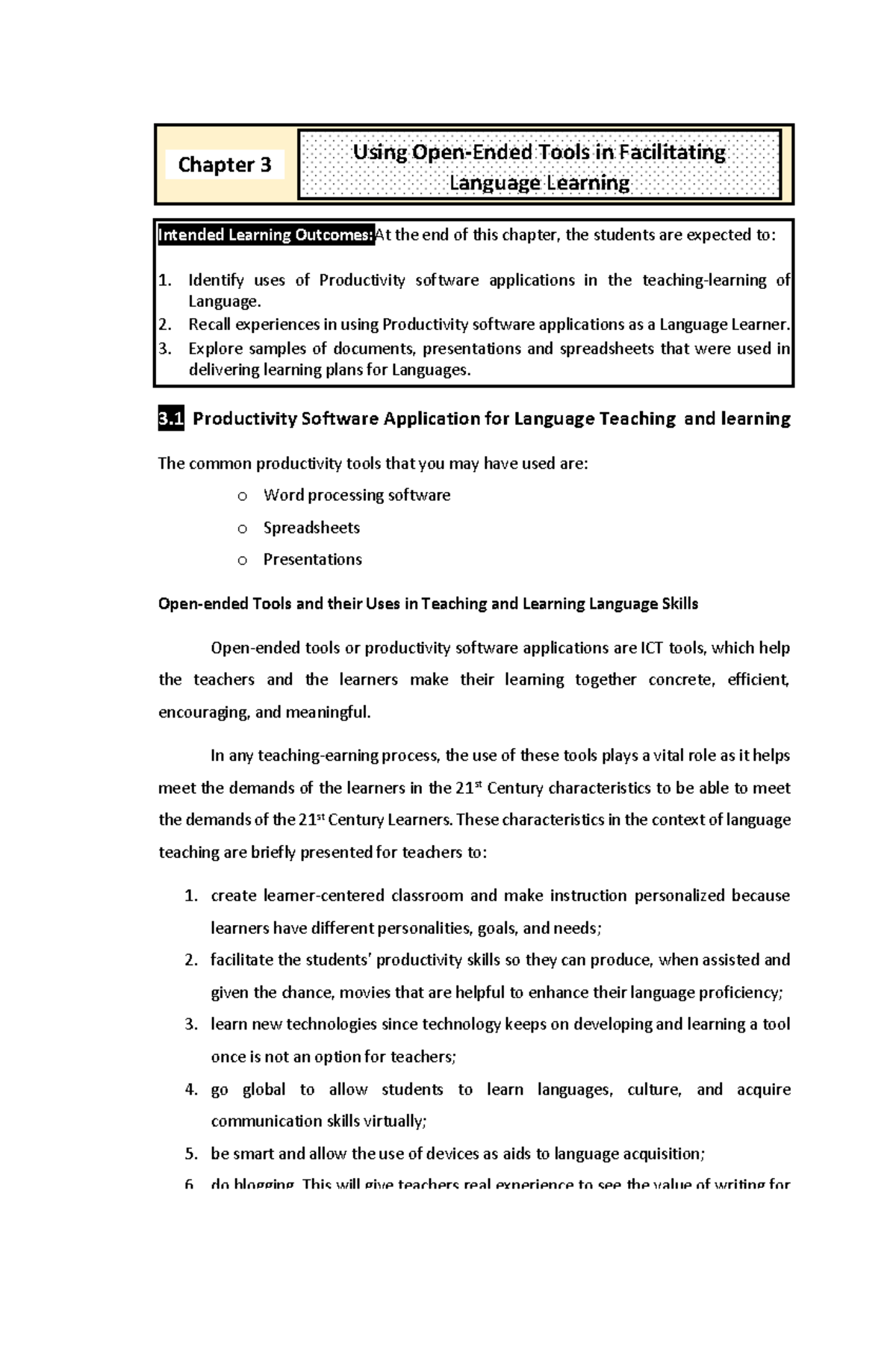 Fil Ed 321 Chapter 3 - this is a handout of lectures - pw Intended Learning Outcomes: At the end ...