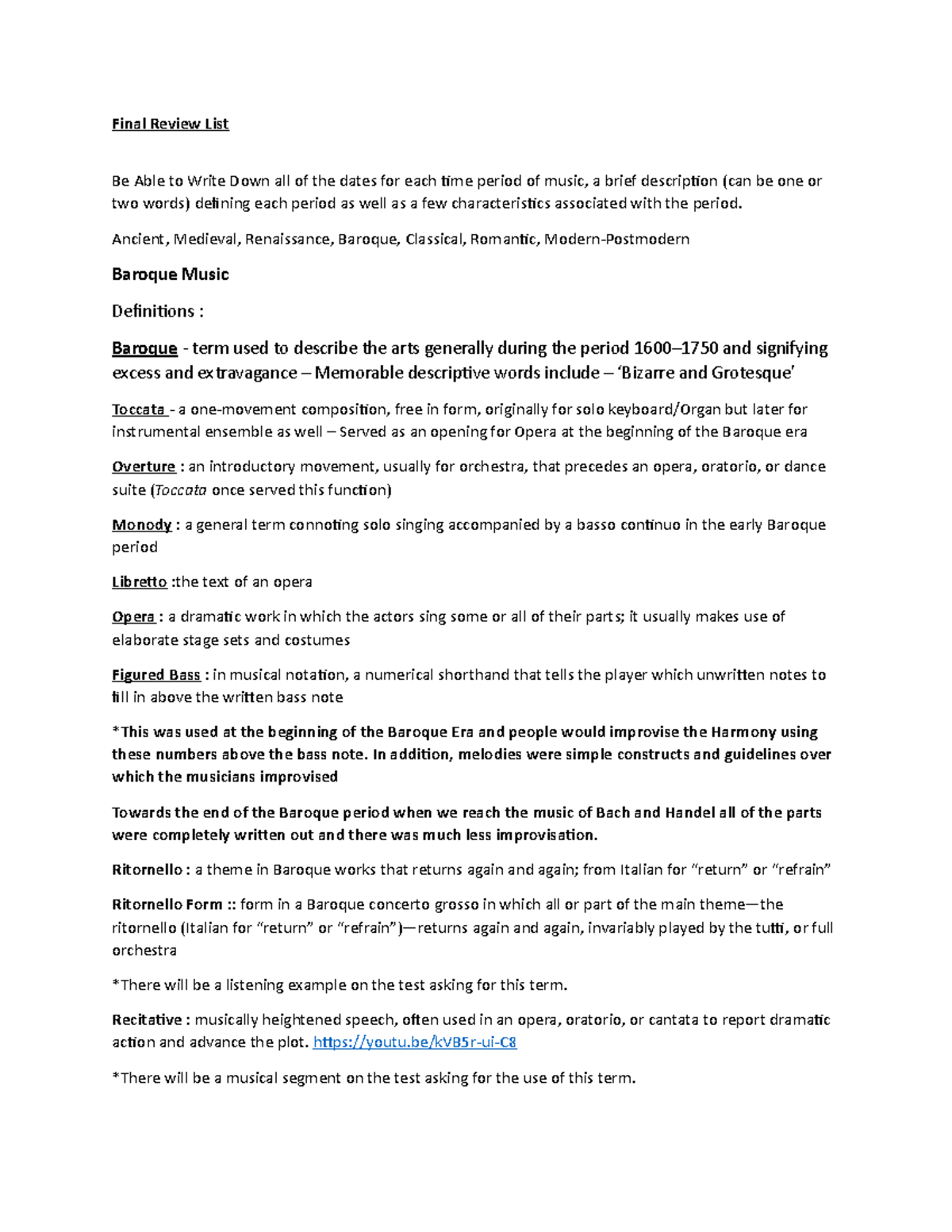 Final Review Sheet - Final Review List Be Able to Write Down all of the ...