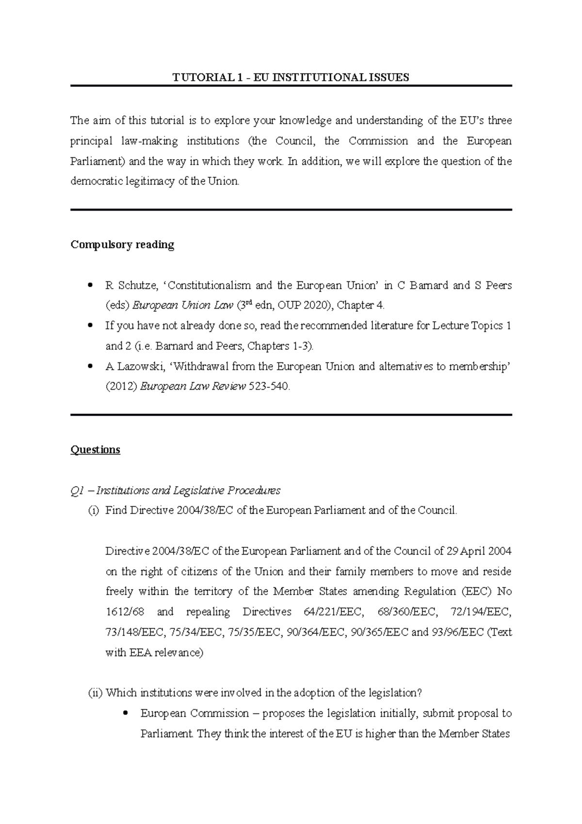 Tutorial 1 -EU institutions issues - TUTORIAL 1 - EU INSTITUTIONAL ...