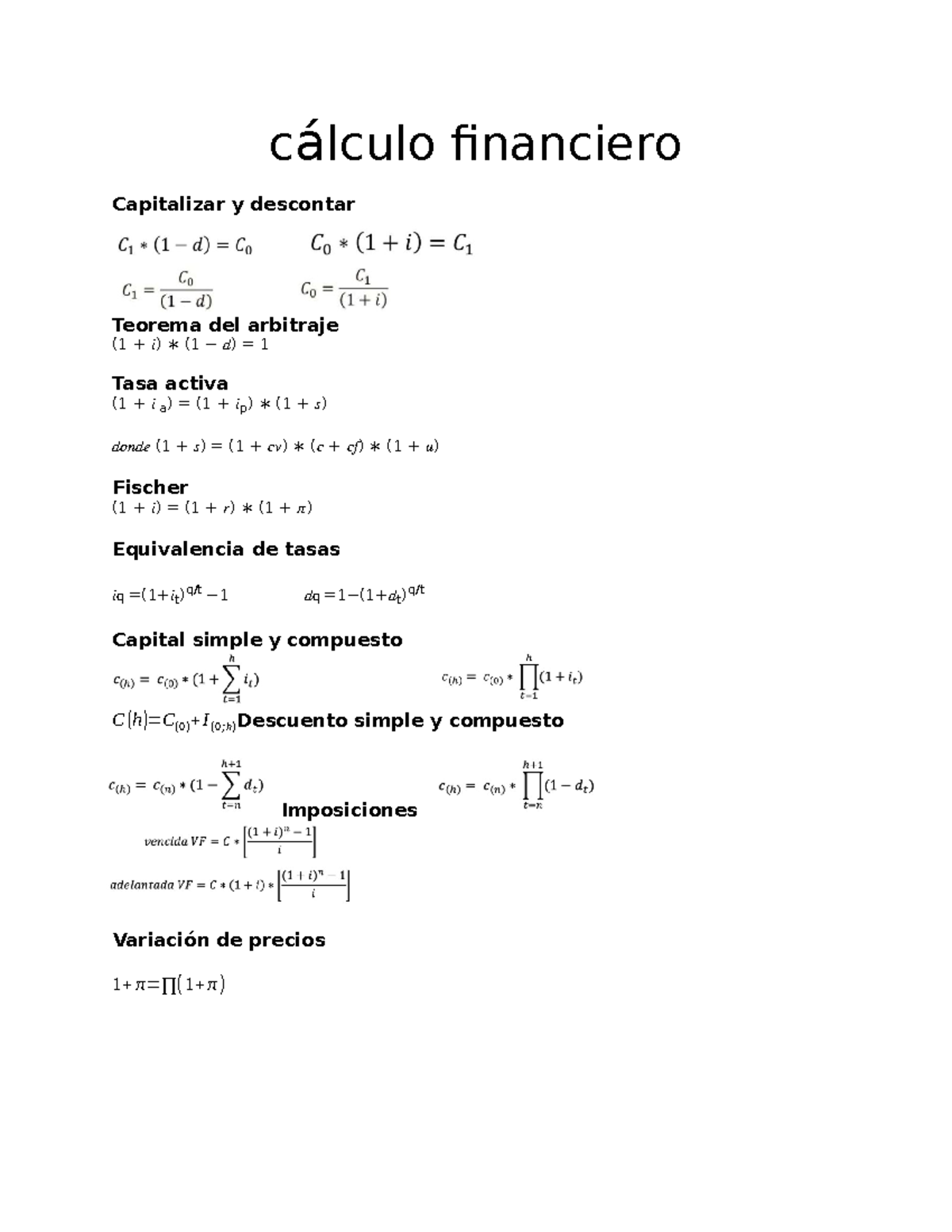 Hoja de Formulas - Cálculo Financiero - cá lculo financiero Capitalizar y descontar Teorema del ...