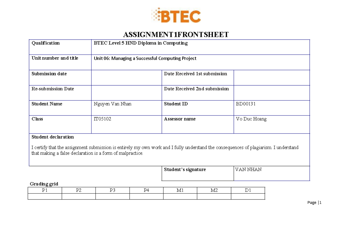 ASM1 MSCP Nguyenvannhan 1-1 - ASSIGNMENT1FRONTSHEET Qualification BTEC ...