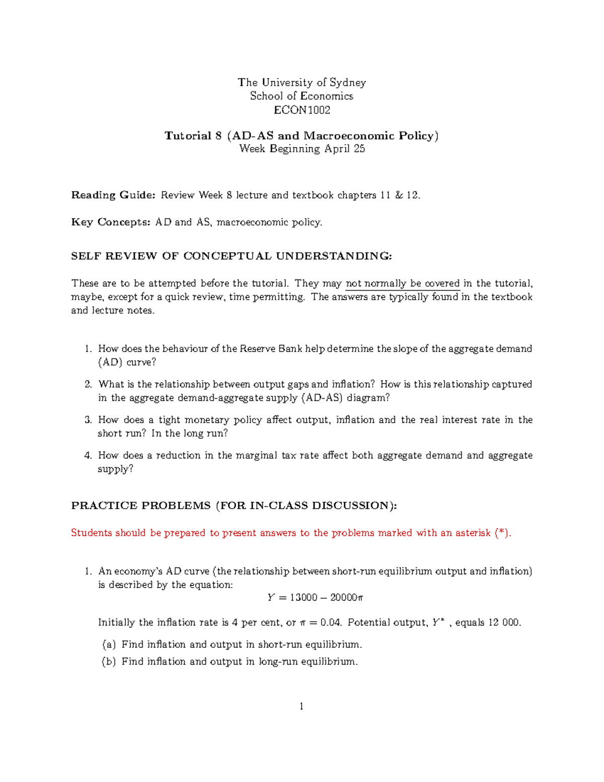 ECON1002 Tut8 - The University of Sydney School of Economics ECON Tutorial 8 (AD-AS and - Studocu