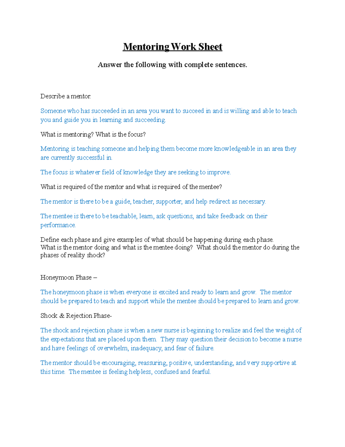 Mentoring Worksheet - Study - Mentoring Work Sheet Answer the following ...