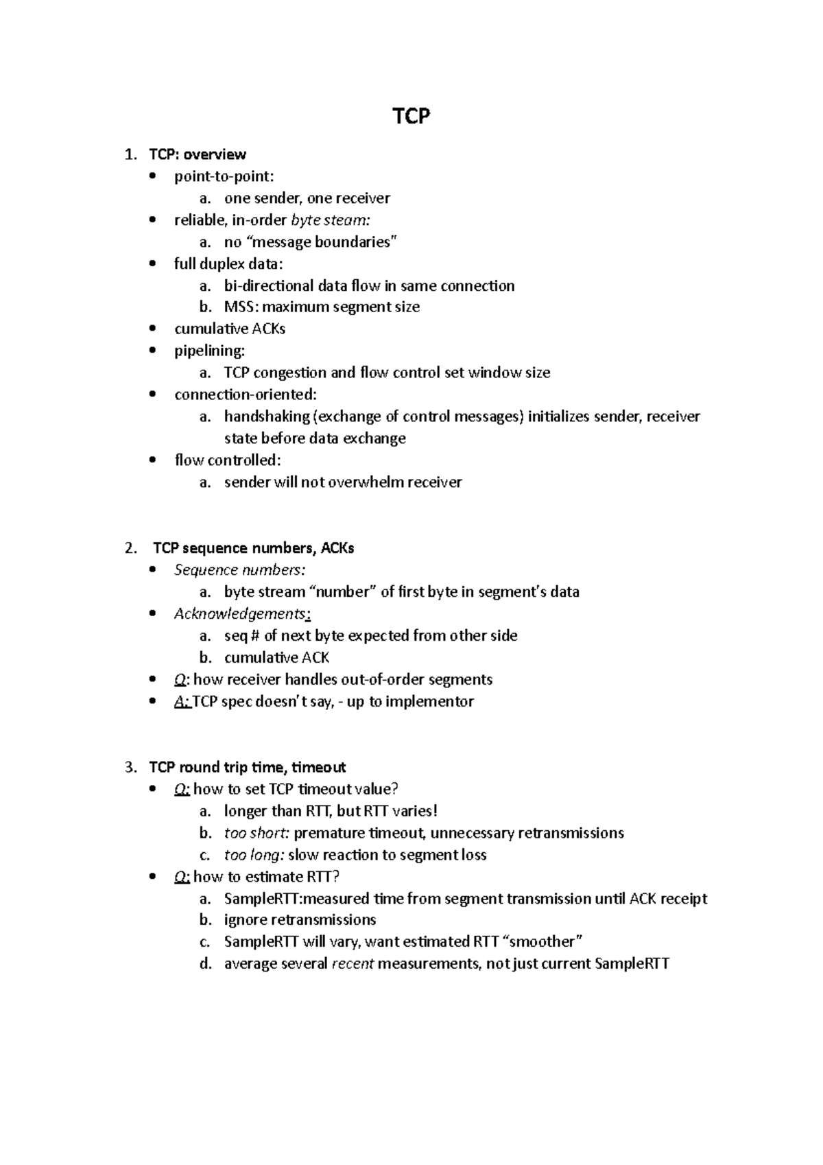 Tcp Lecture Notes About Tcp Tcp Tcp Overview Point To Point A One Sender One Receiver