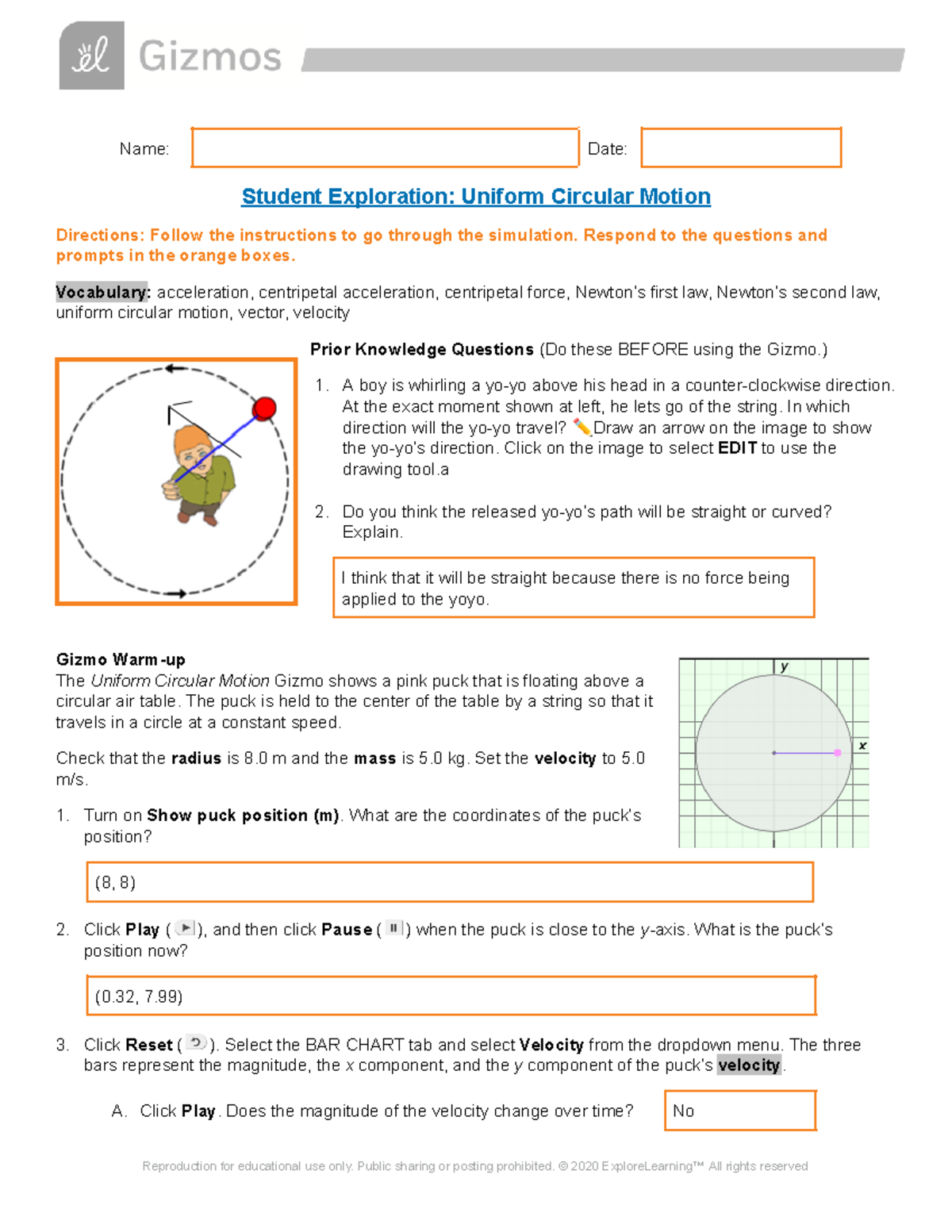 Copy of Uniform Circular Motion SE - Name: Date: Student Exploration ...