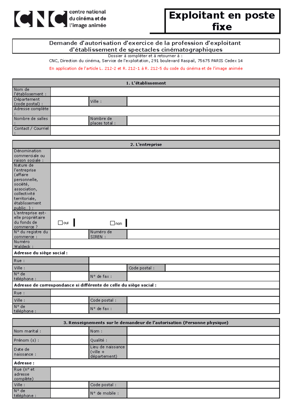 Formulaire d'autorisation fixe - Exploitant en poste fixe Demande d ...