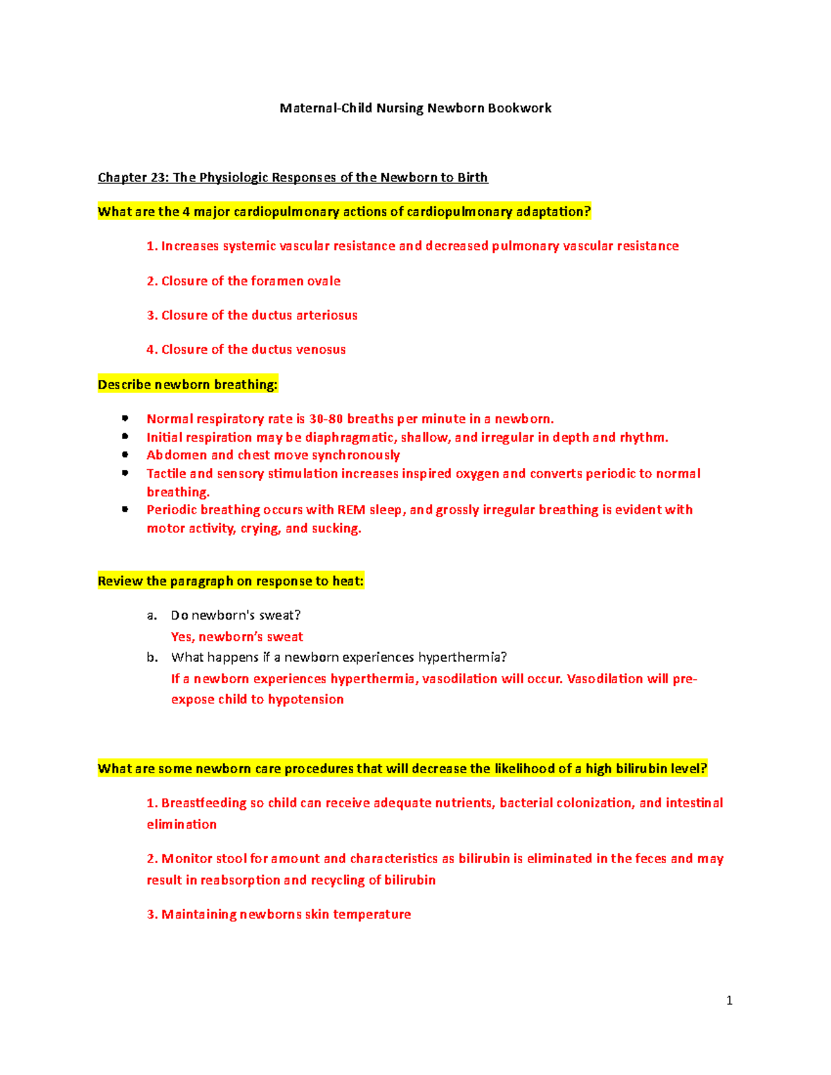 Newborn workbook - Maternal-Child Nursing Newborn Bookwork Chapter 23 ...