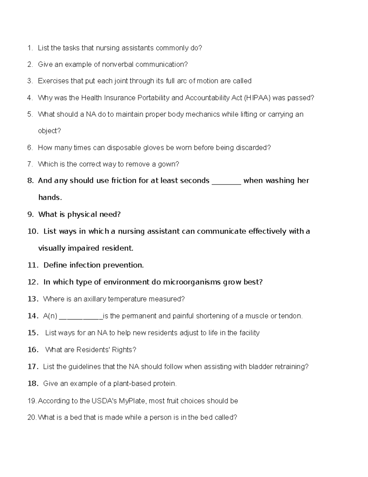 CNA Pre-Clinical review - List the tasks that nursing assistants ...