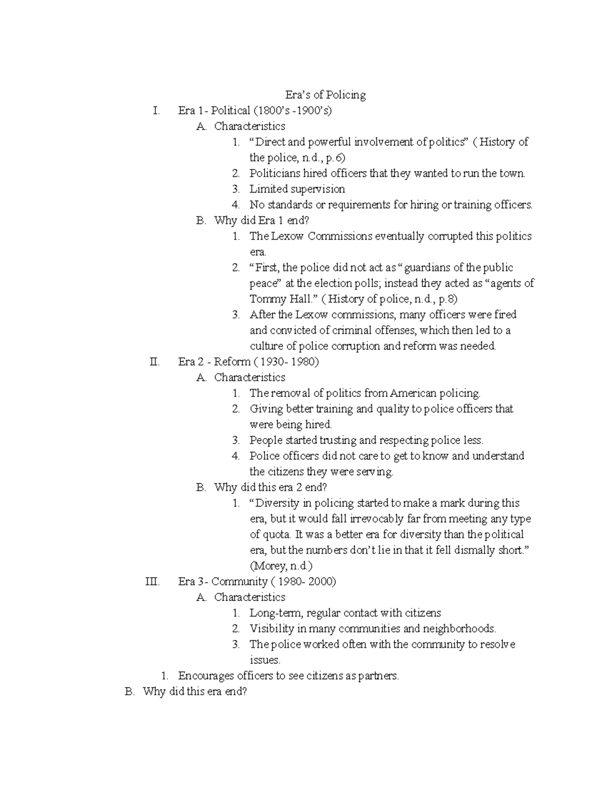 Homework 5a - Notes - Era’s of Policing I. Era 1- Political (1800’s ...