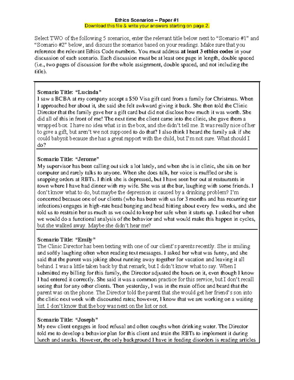Ethics Scenarios 1-rev - Download this file & write your answers ...