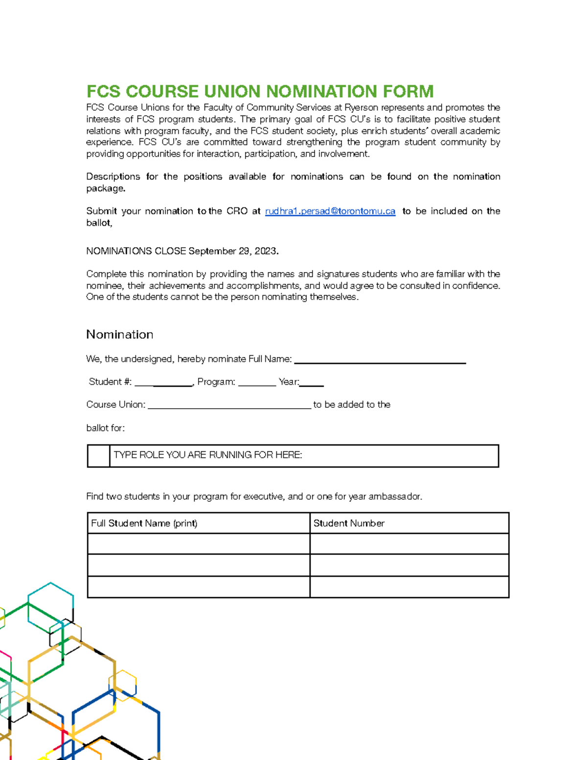 FCS CU Nomination Form Fall 2023 - FCS COURSE UNION NOMINATION FORM FCS ...