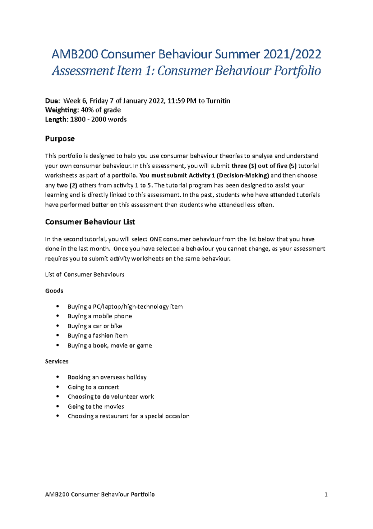 AMB200 Assignment 1 CB Portfolio - Task Instructions Summer - AMB200 ...
