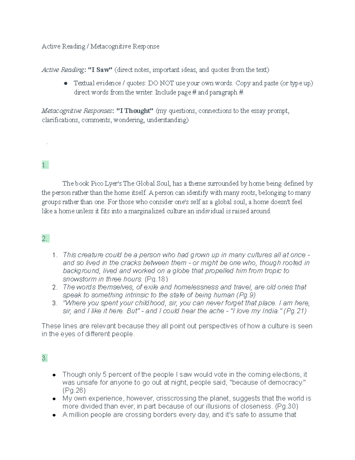 Study Notes for Pico Lyer - Active Reading / Metacognitive Response ...