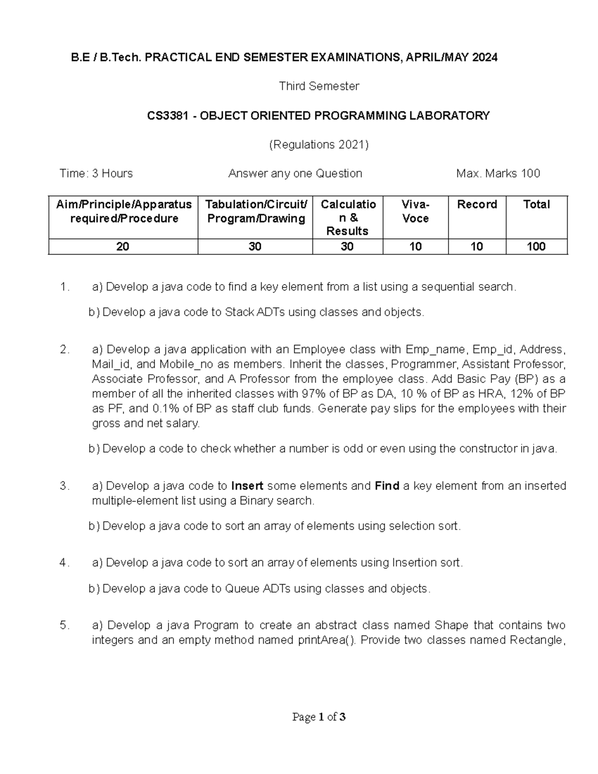 CS3381 SET1 24 - Notes - B / B. PRACTICAL END SEMESTER EXAMINATIONS ...