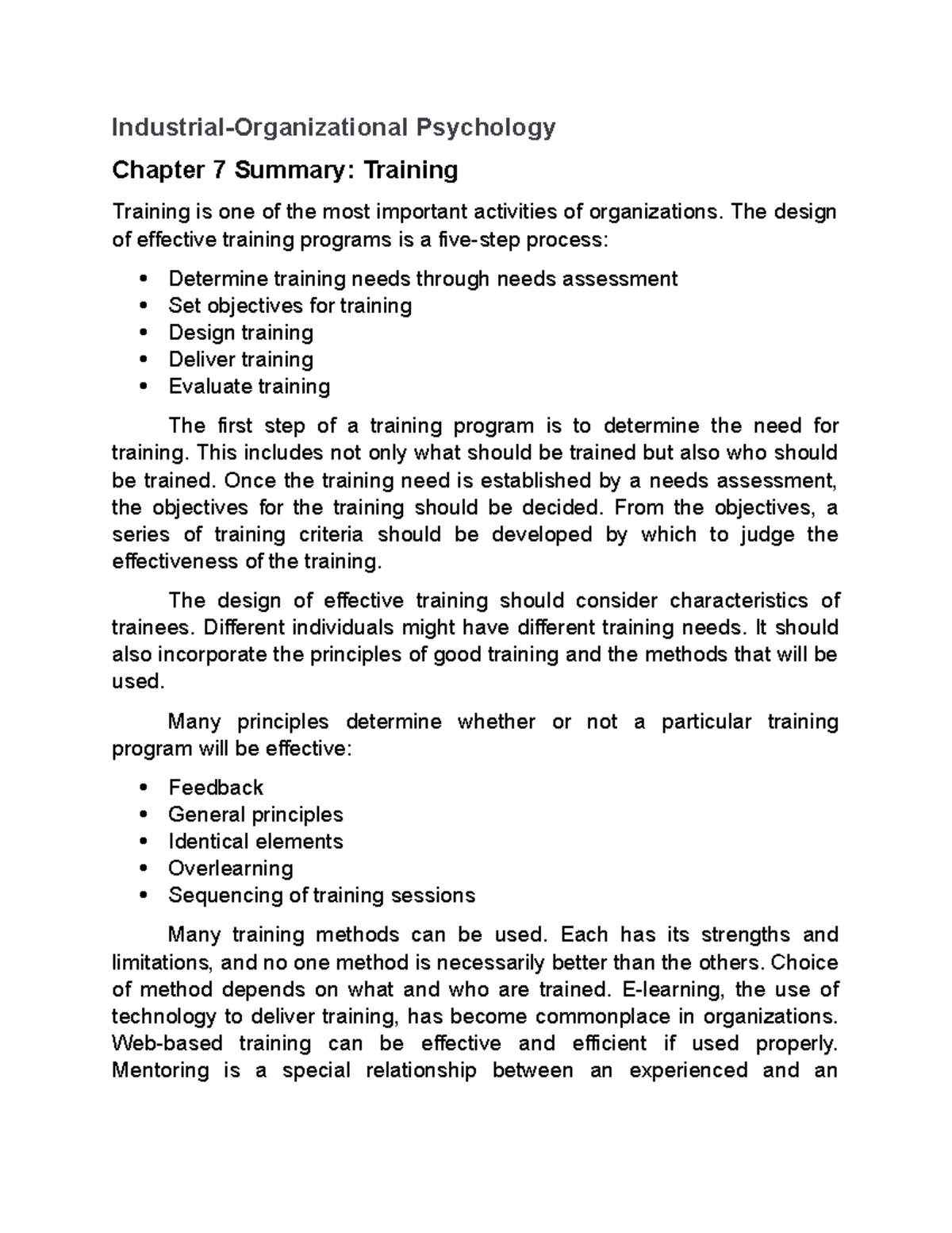 Training - Industrial-Organizational Psychology Chapter 7 Summary - Industrial-Organizational ...