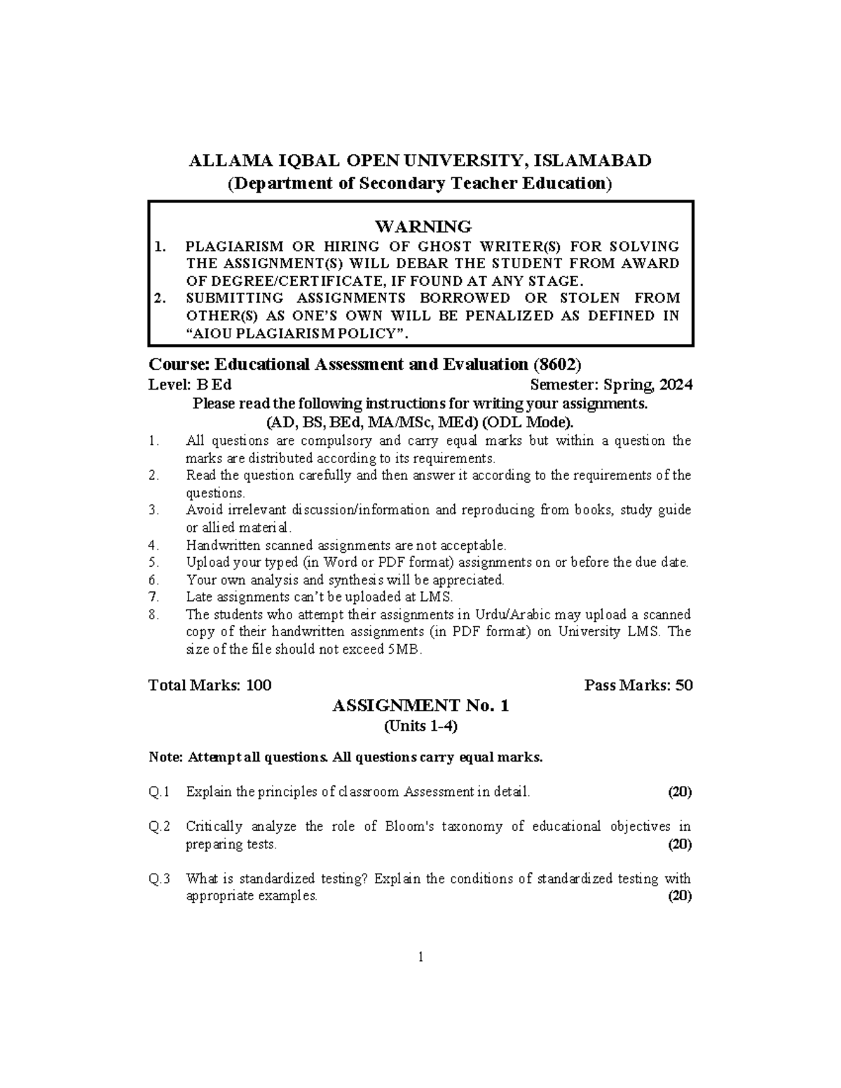 Assignment for the year 2024 Allama iqbal university - ALLAMA IQBAL OPEN UNIVERSITY, ISLAMABAD ...