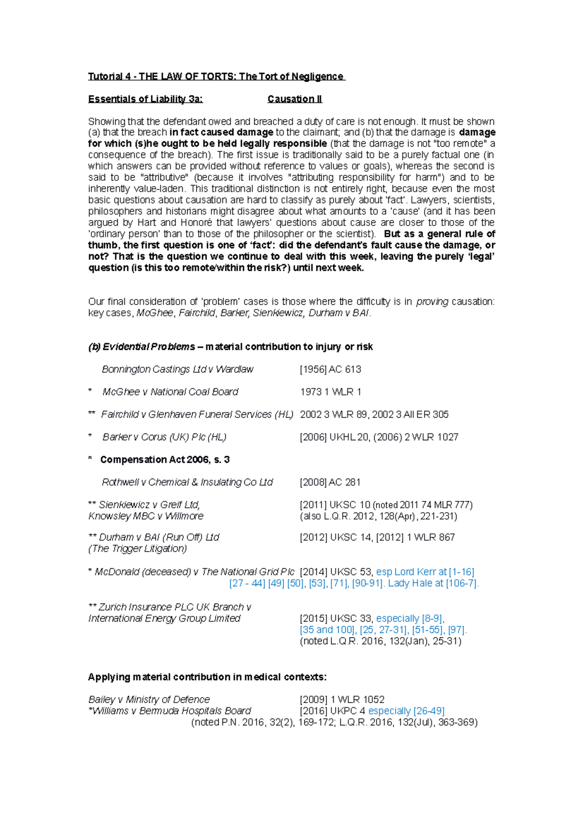 Tutorial 4 2017 18 Causation 2 - Tutorial 4 - THE LAW OF TORTS: The ...