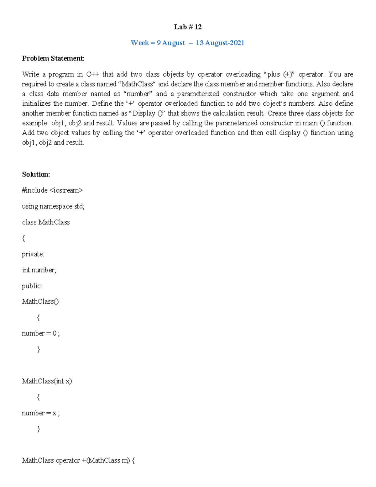CS201-Lab-Exercise - Abhey de bhi de document - Lab # 12 Week = 9 August – 13 August- Problem ...