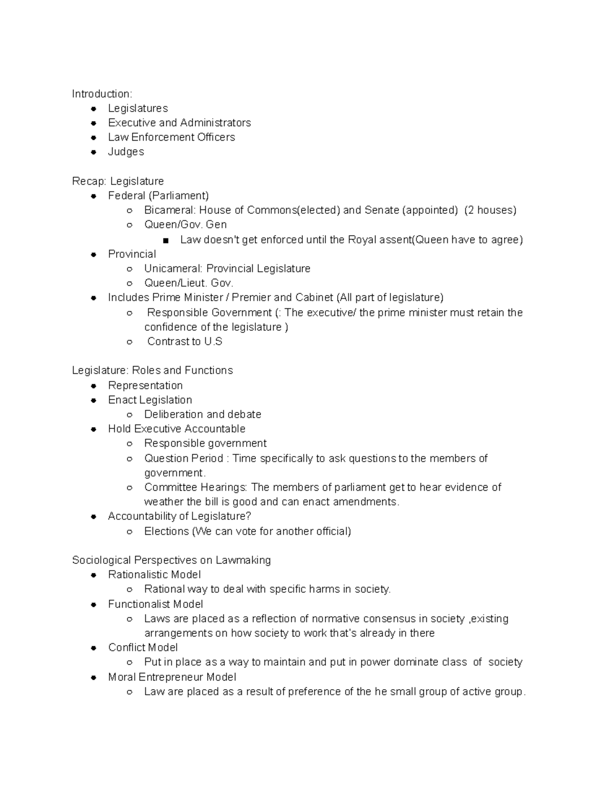 LAW 1001 Making LAW - notes - Introduction: Legislatures Executive and ...