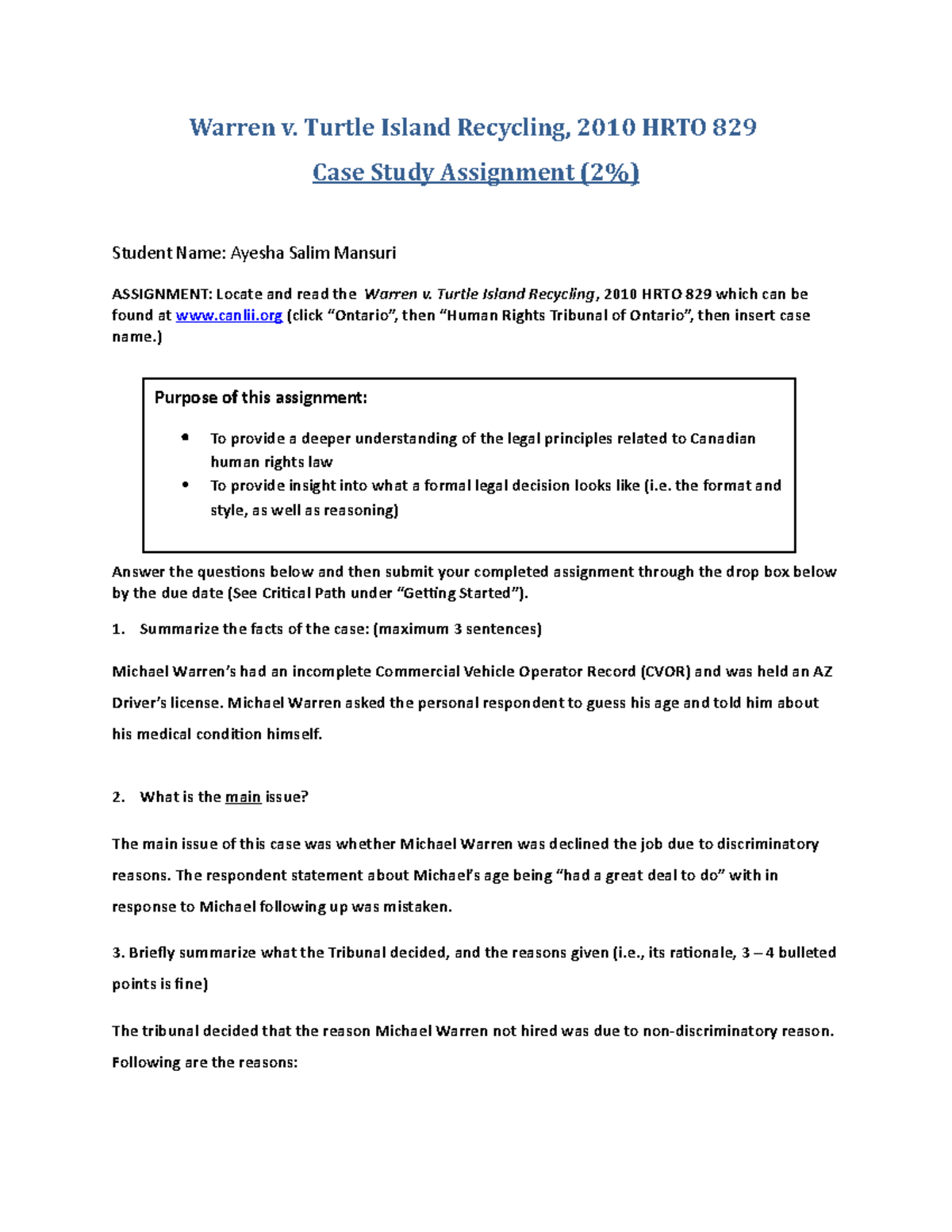 Ex - Warren W22 - Warren v. Turtle Island Recycling, 2010 HRTO 829 Case ...