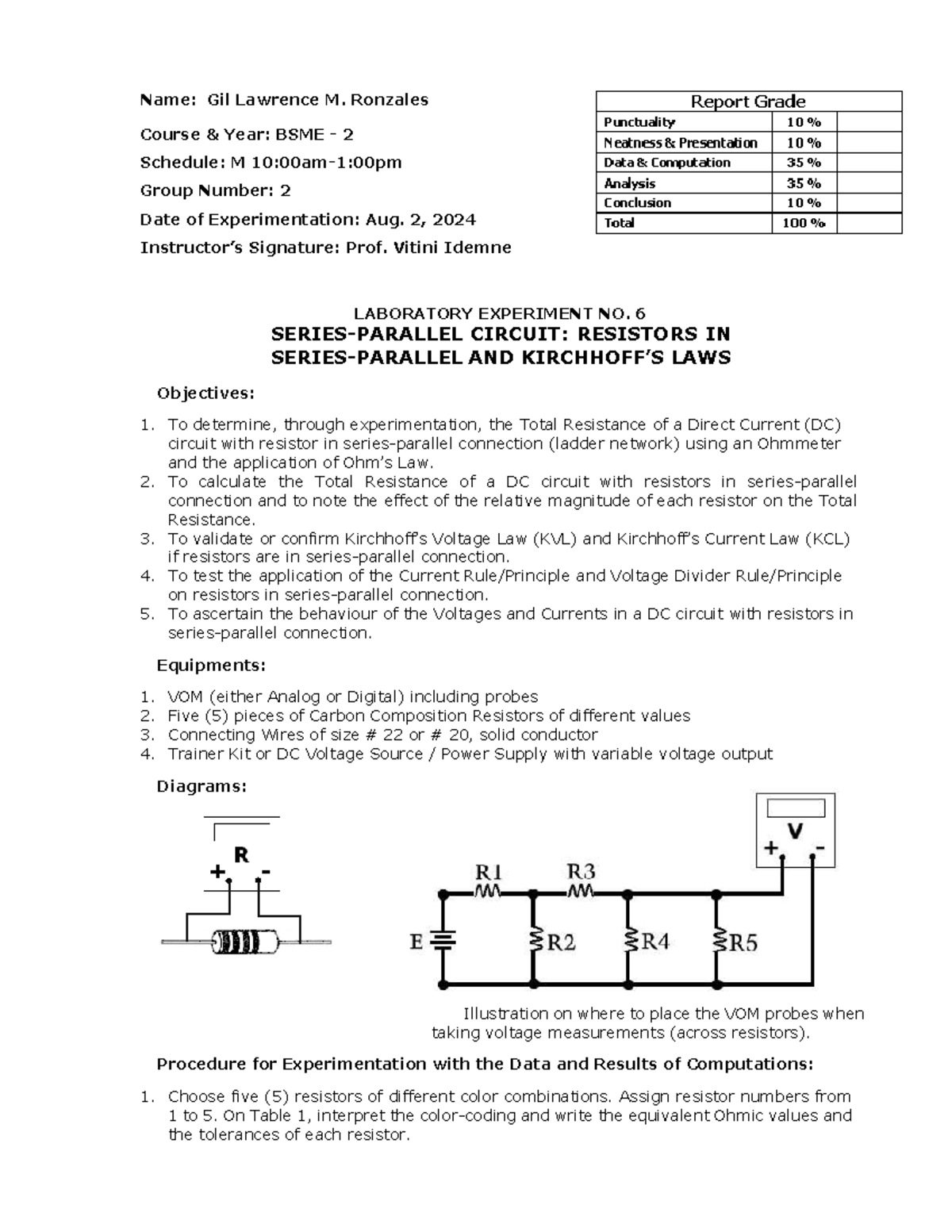 EXPT 6 Series Parallel - BASIC EE - Name: Gil Lawrence M. Ronzales Course & Year: BSME - 2 - Studocu