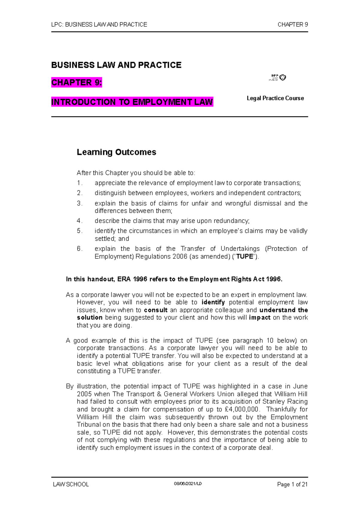 9a) Intro to employment law - LPC: BUSINESS LAW AND PRACTICE CHAPTER 9 ...