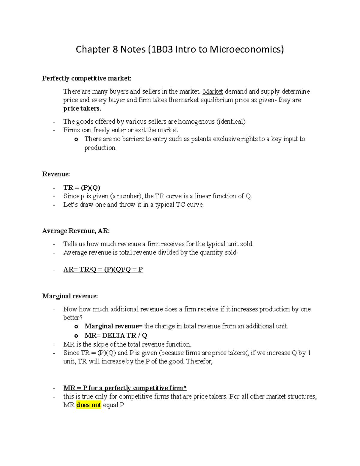 Chapter 8 Notes (1B03 Intro to Microeconomics) - Chapter 8 Notes (1B03 ...