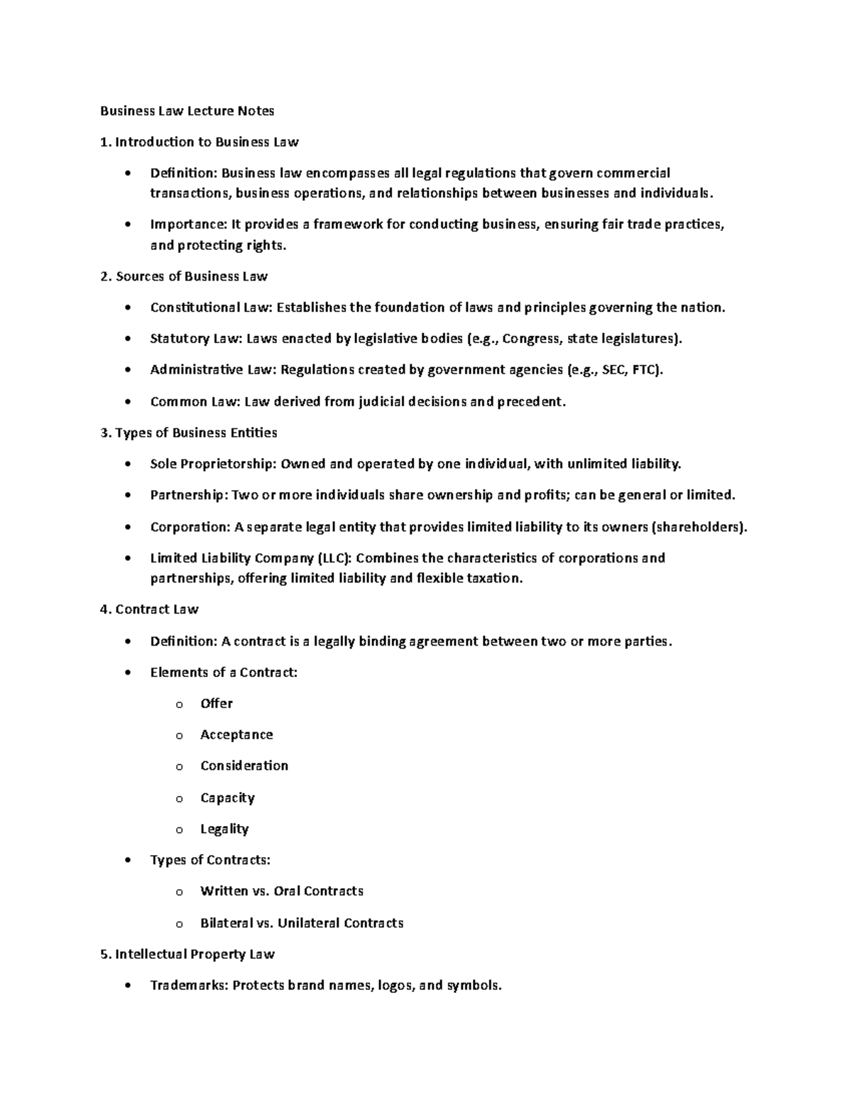 Introduction to Business Law - Business Law Lecture Notes 1 ...