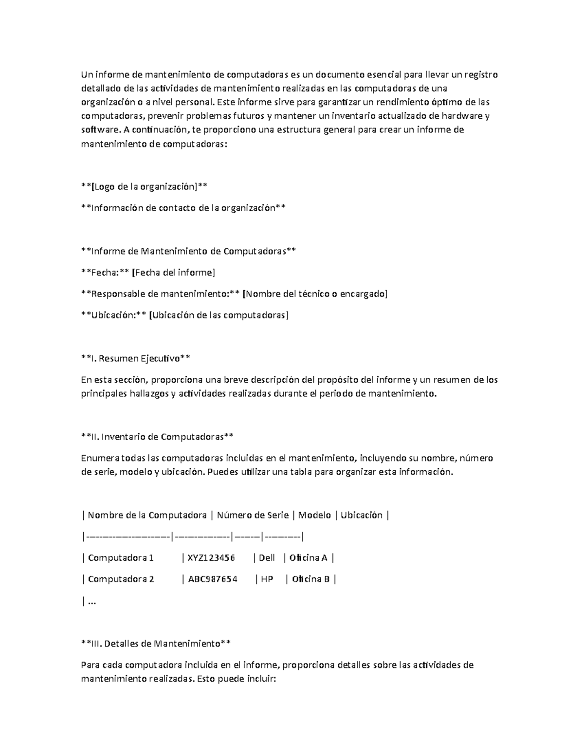 Informe de computadores - Un informe de mantenimiento de computadoras ...