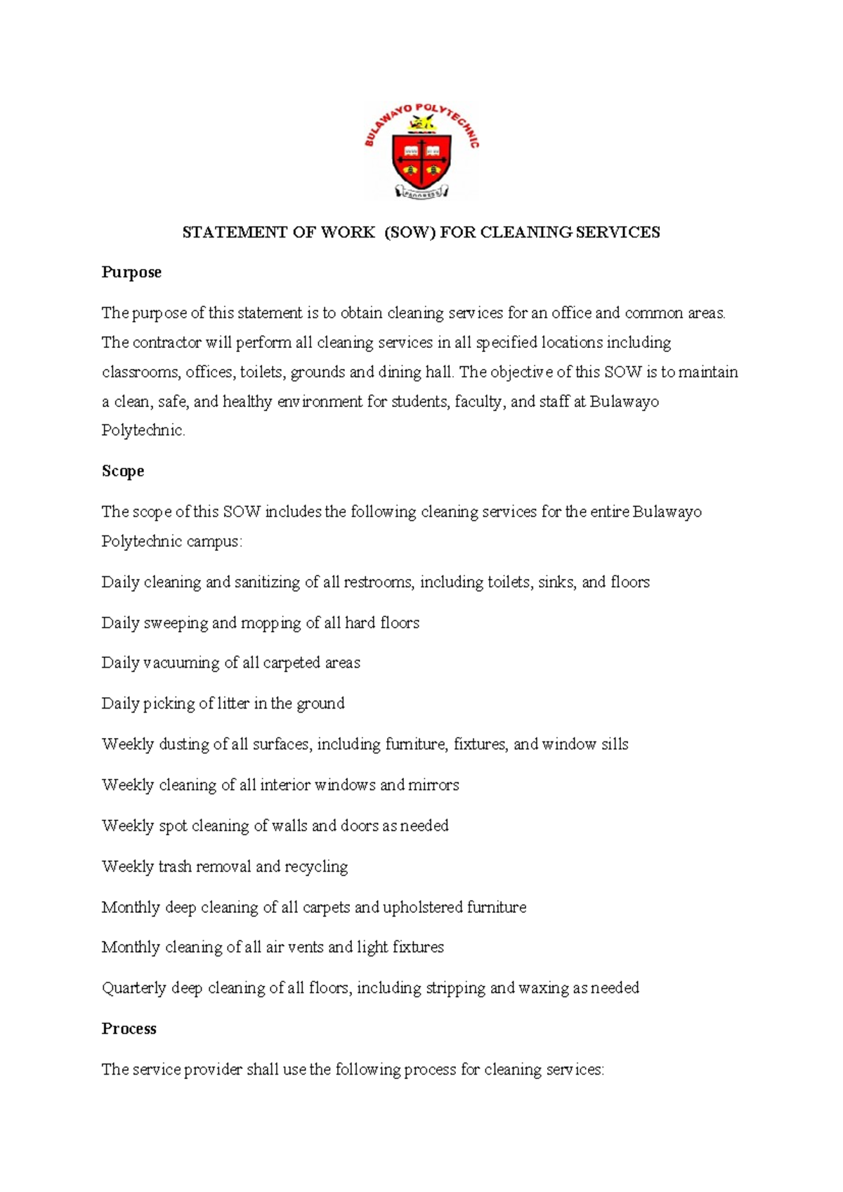 Sow - sow - STATEMENT OF WORK (SOW) FOR CLEANING SERVICES Purpose The ...