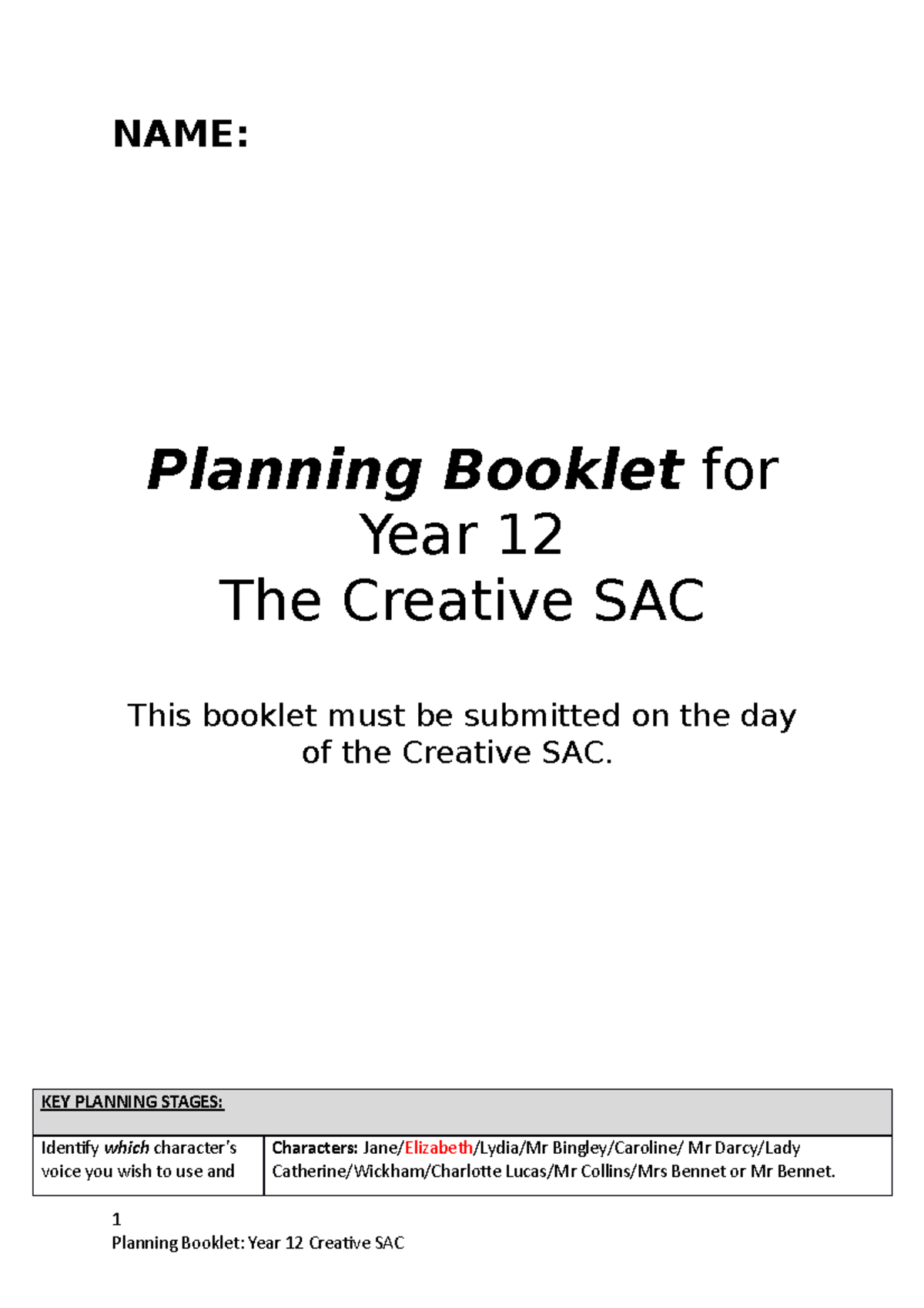 Year 12 Creative SAC Planning Booklet 2021 - NAME: Planning Booklet for ...