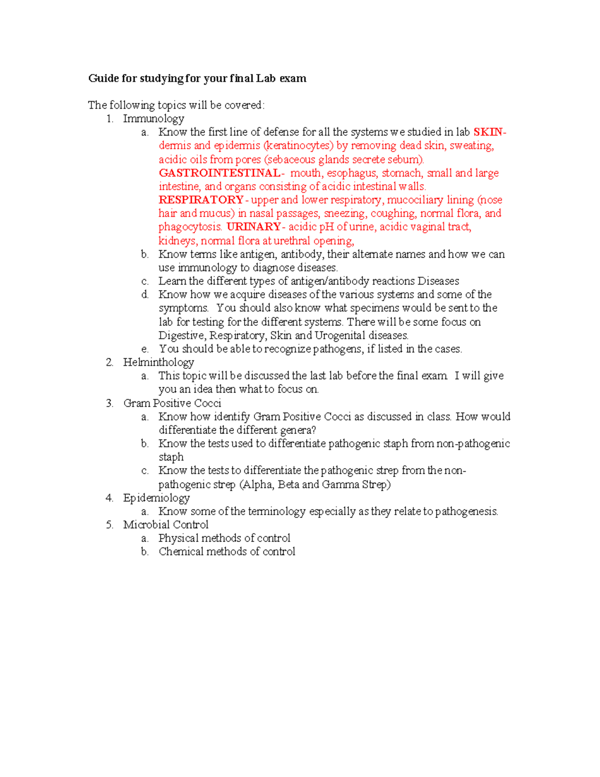 Helpful Hints for Final Exam - Guide for studying for your final Lab exam The following topics ...