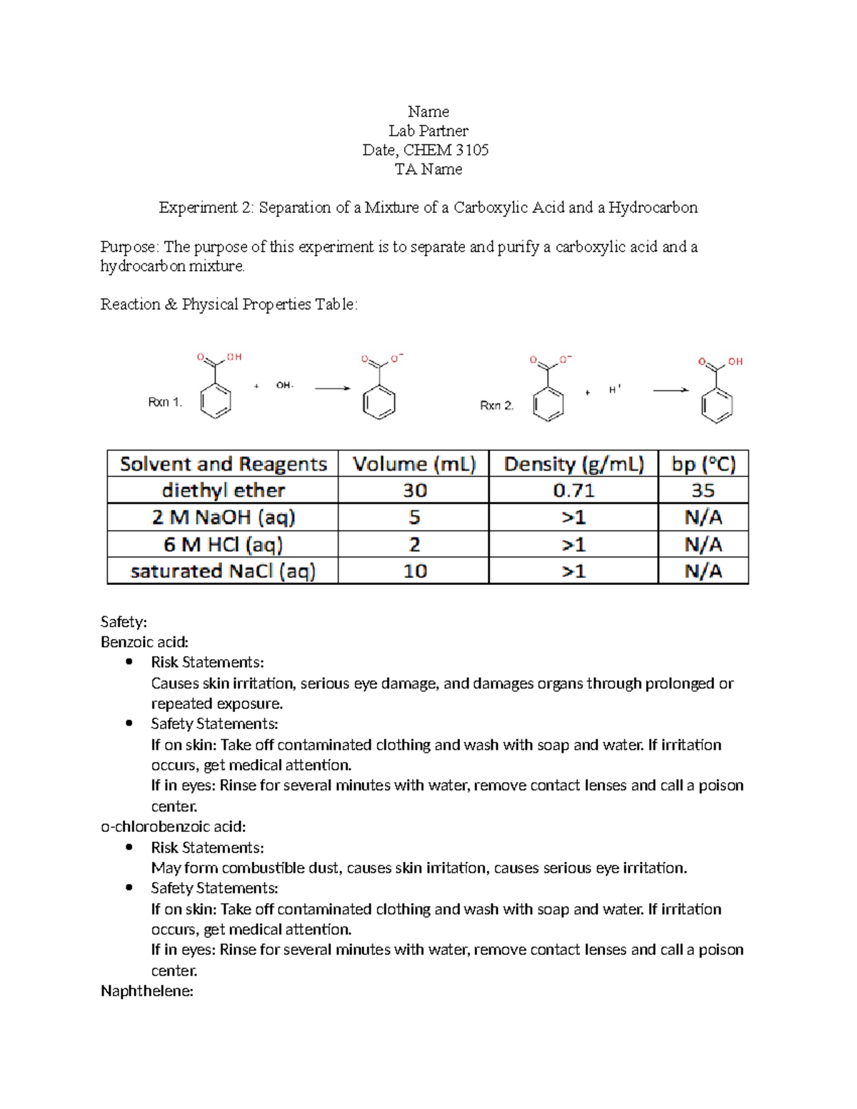 Lab Report 2 - N/A - Name Lab Partner Date, CHEM 3105 TA Name Experiment 2: Separation of a ...