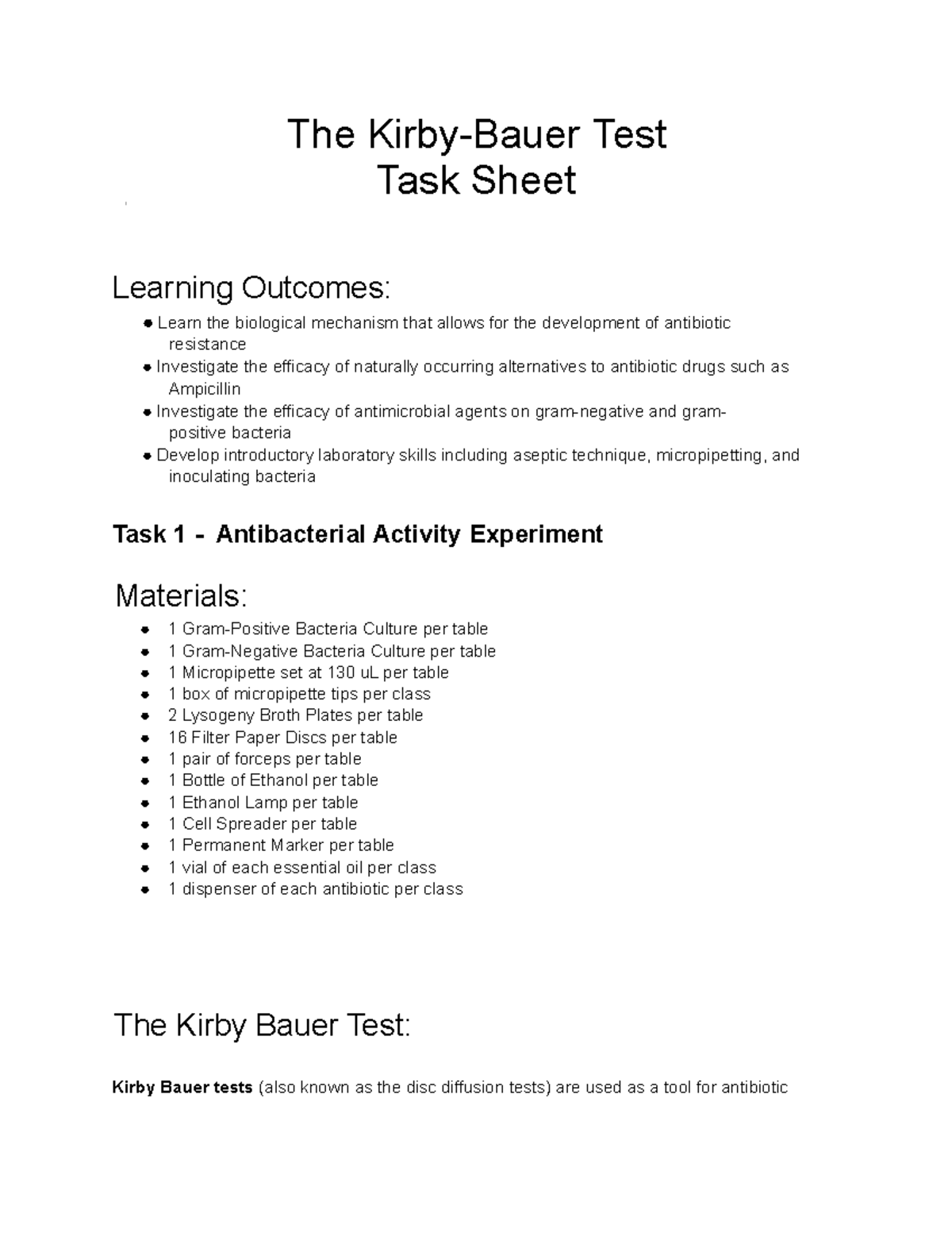 The Kirby Bauer Test Task Sheet - The Kirby-Bauer Test Task Sheet ...