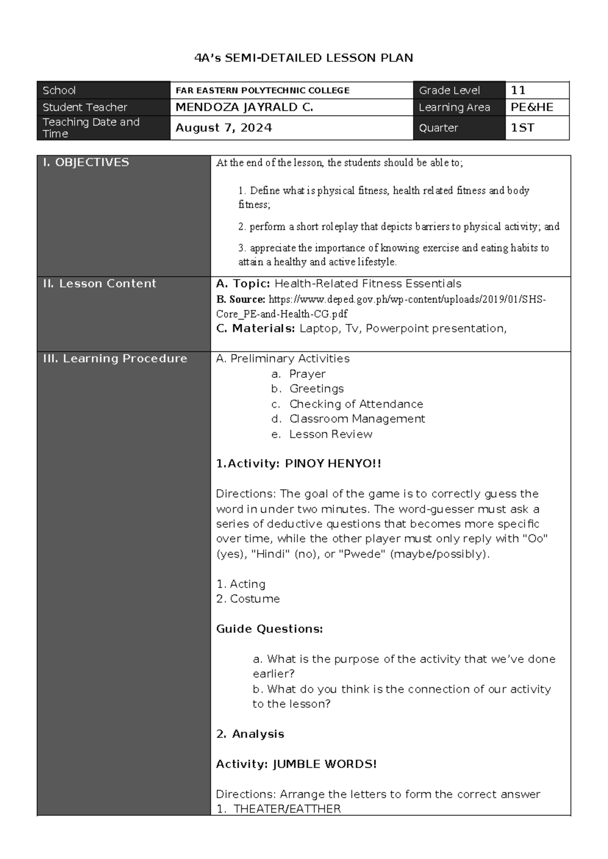 SDLP ARTS Lesson-1 Mendoza J - 4A’s SEMI-DETAILED LESSON PLAN School ...