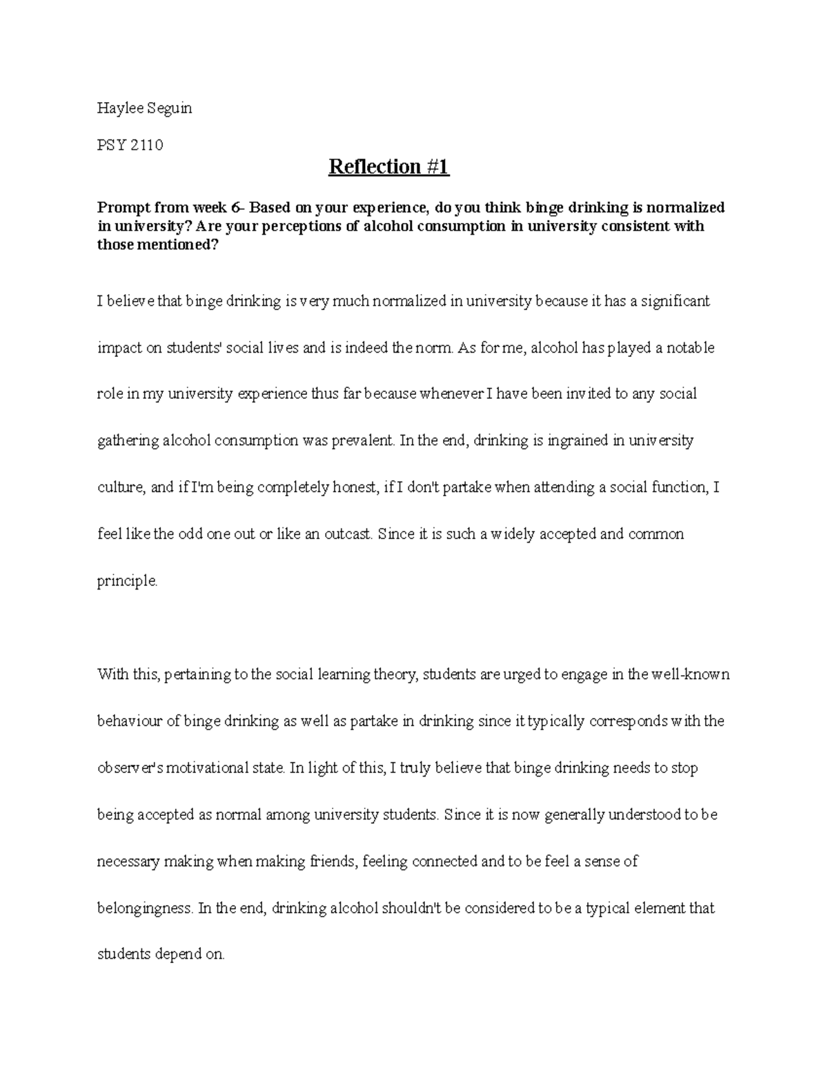 Reflection 1 - Refelction - Haylee Seguin PSY 2110 Reflection Prompt ...