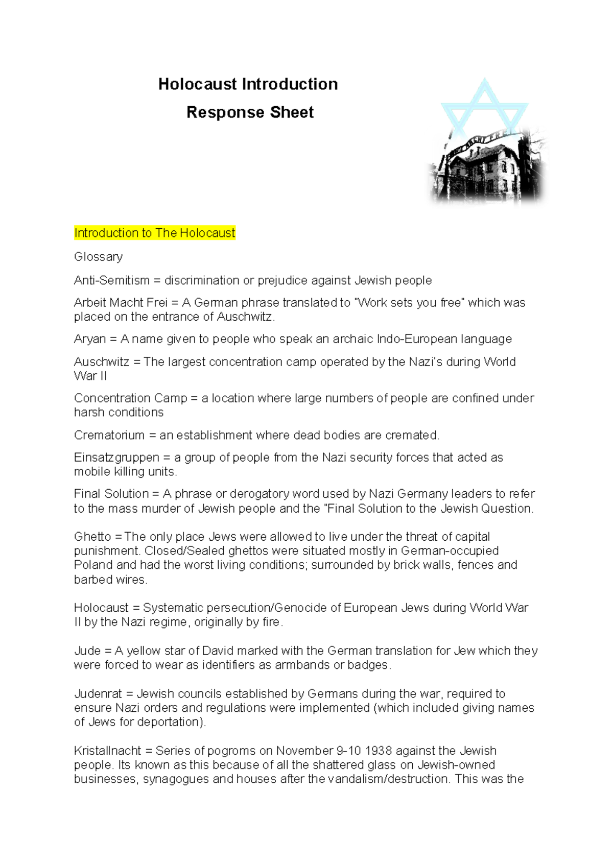 1b Holocaust Introduction Response Sheet - Holocaust Introduction ...