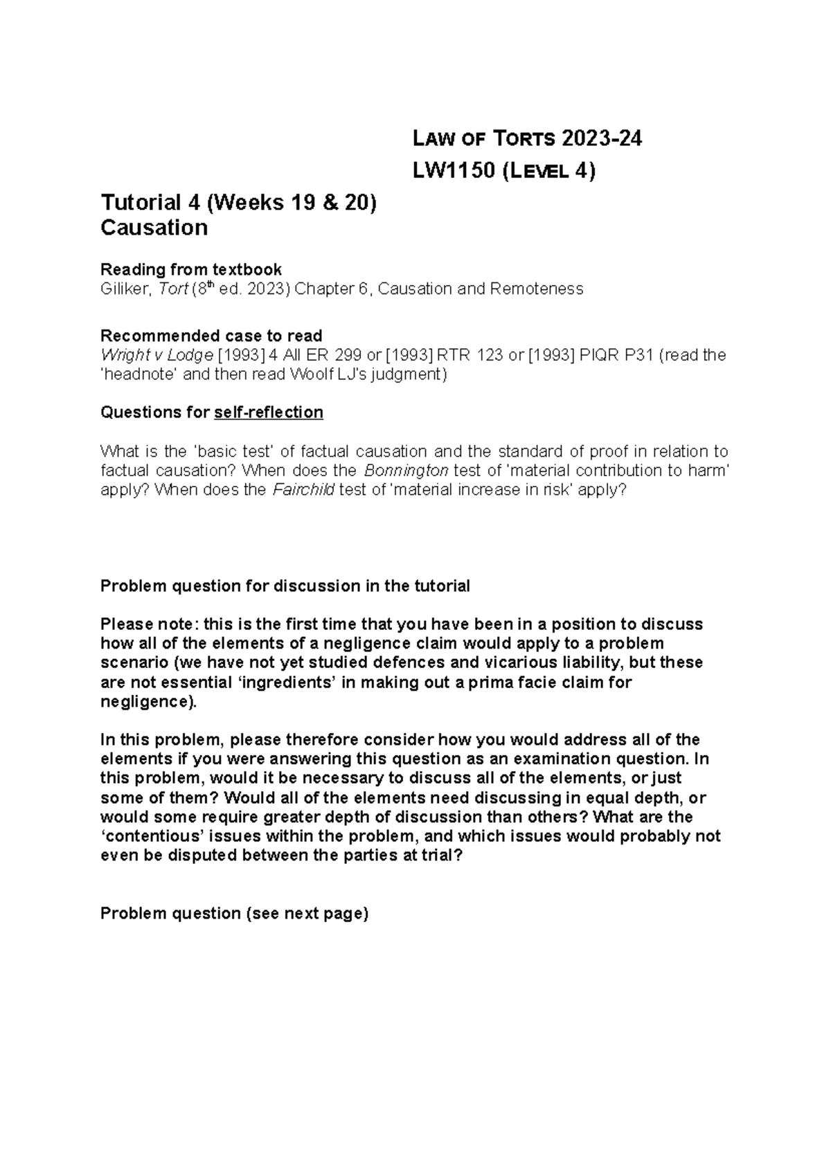 Causation tutorial sheet level 4 LW1150 2023 - LAW OF TORTS 2023 ...