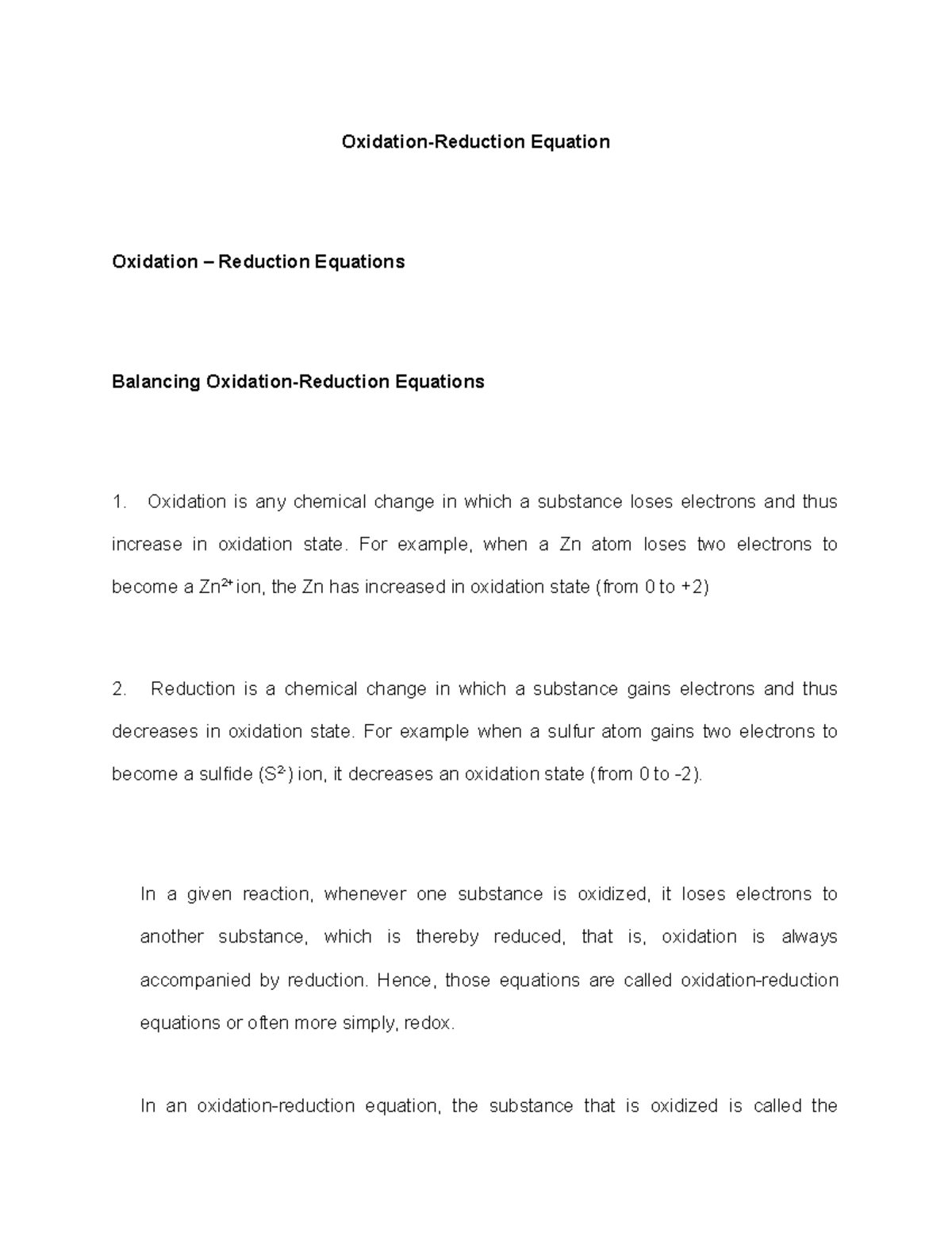Oxidation-Reduction Equation - Oxidation-Reduction Equation Oxidation ...