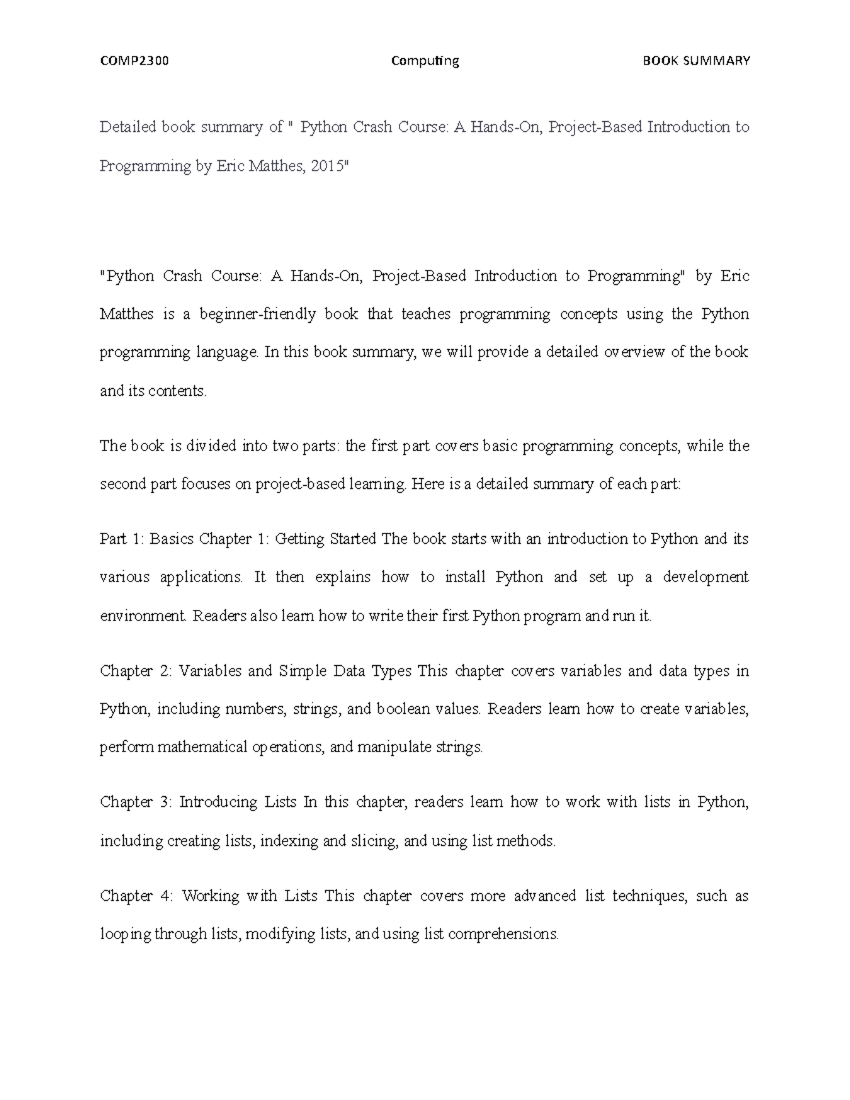 Detailed book summary of Python Crash Course A Hands-On, Project-Based Introduction to ...