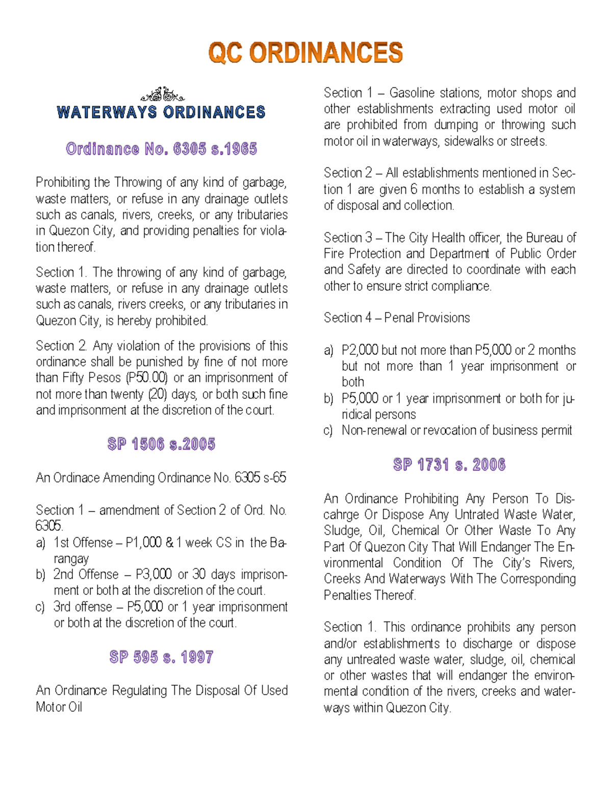 QC Environmental Ordinances - () Prohibiting the Throwing of any kind ...