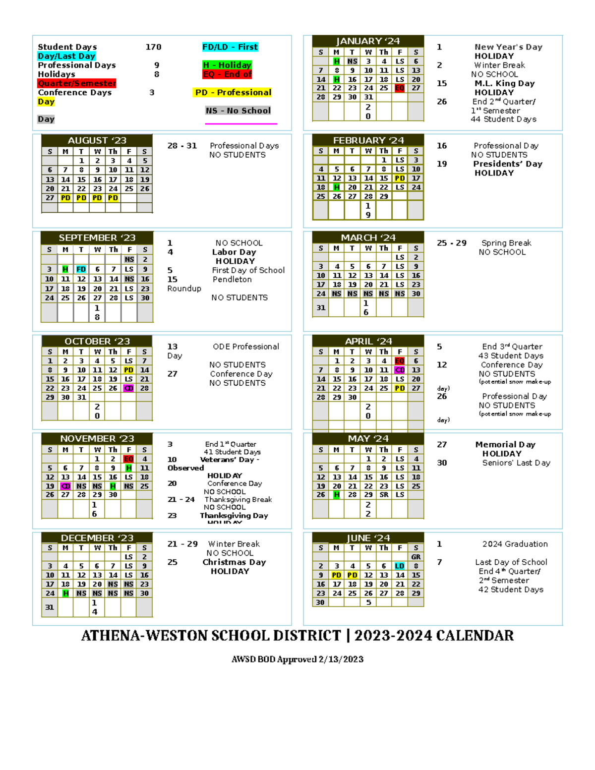 2023 2024 Academic Calendar 1 30 2023 Draft 4 - Student Days 170 FD/LD ...